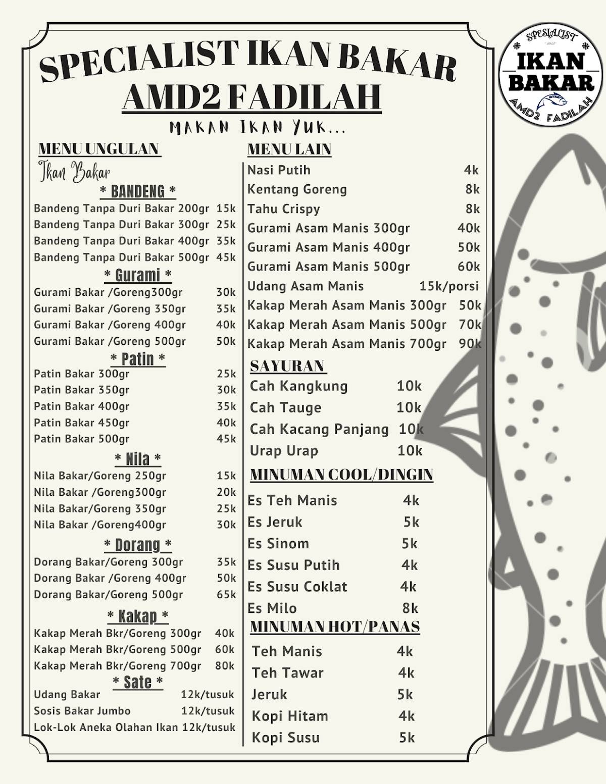 Menu at IKAN BAKAR AMD2 FADILAH restaurant, Surabaya