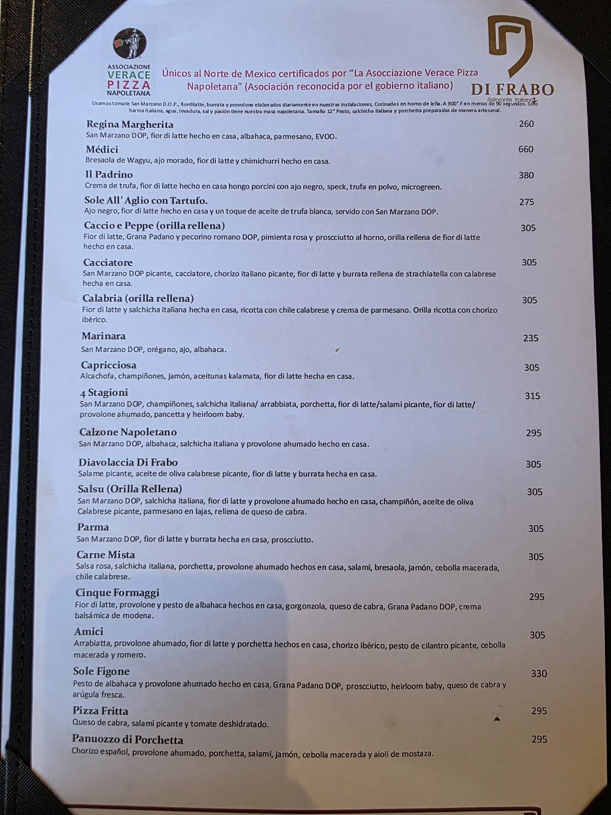 Carta del restaurante IL Castello di Frabo, Apodaca