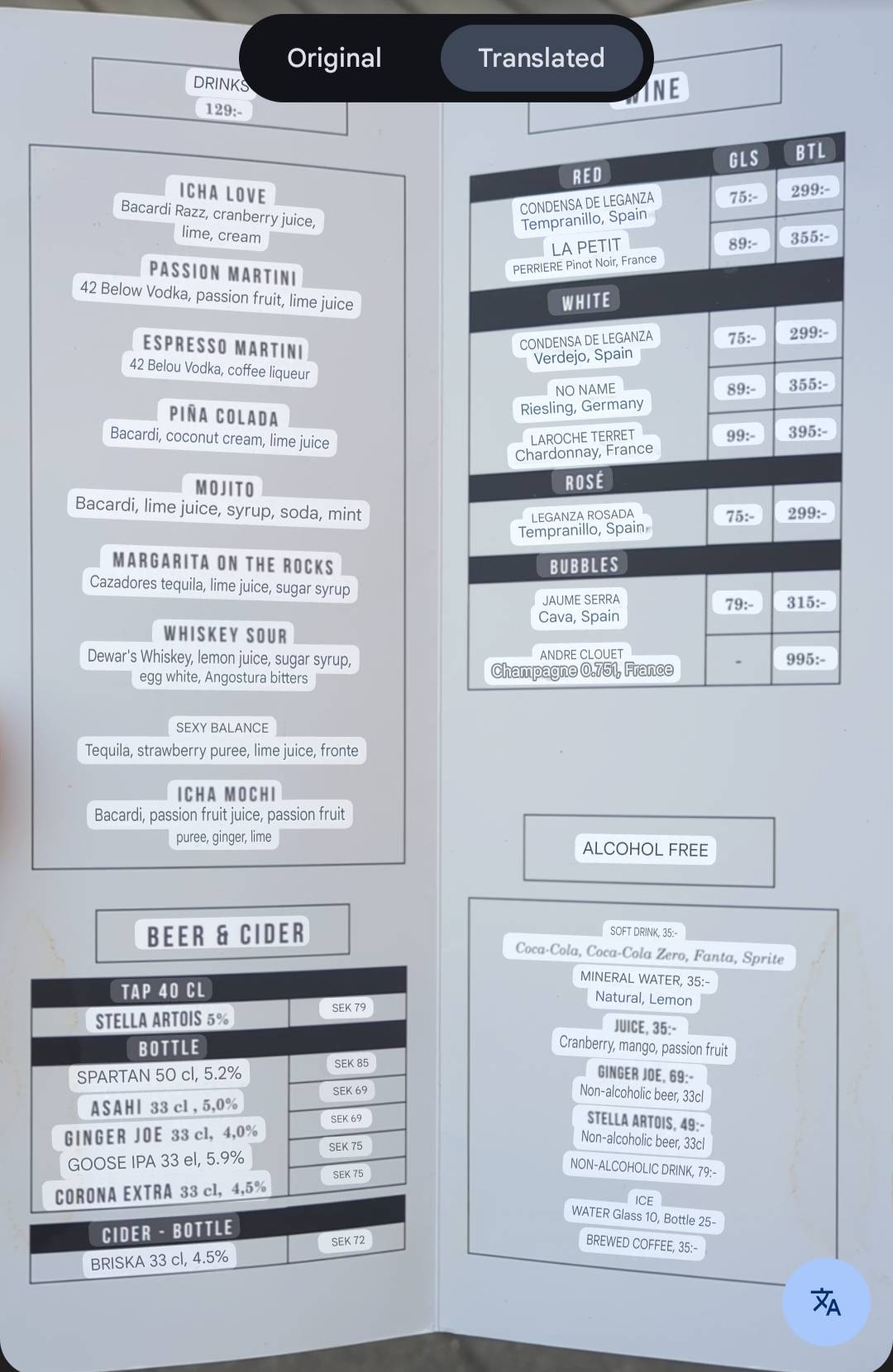 Menu at Icha Mochi restaurant, Malmö