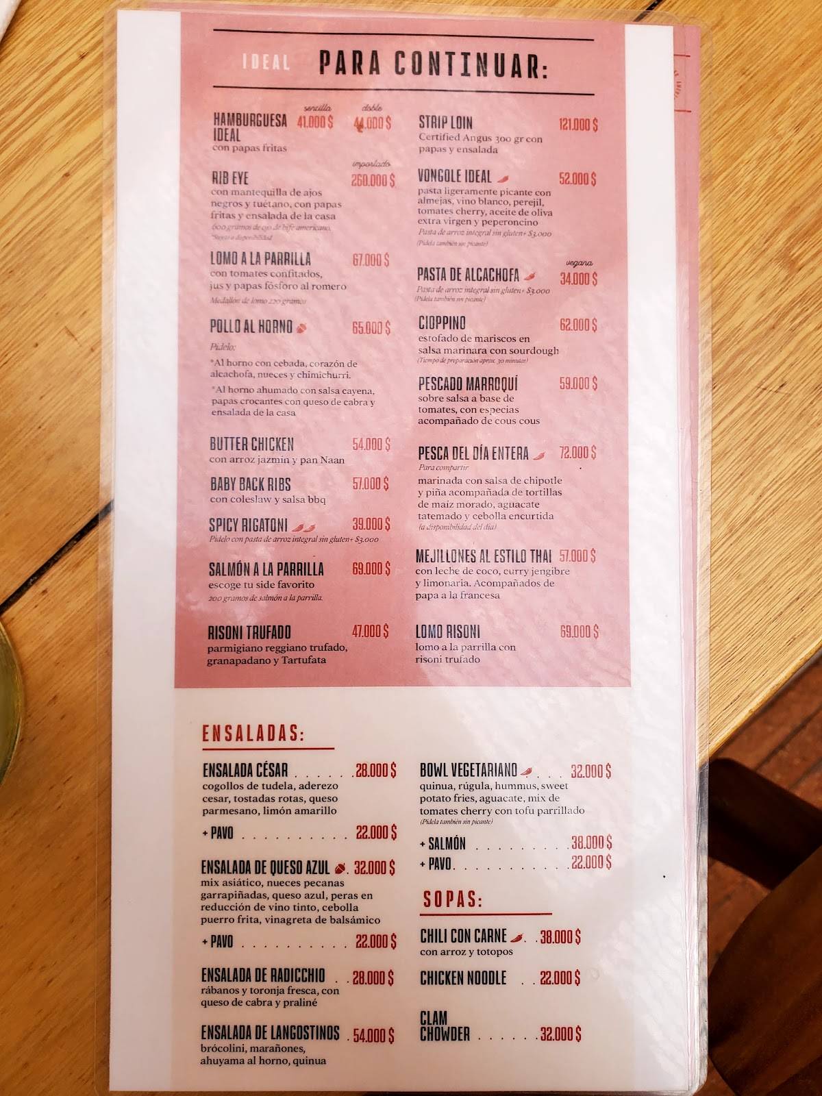 Carta de Ideal Restaurante, Bogotá