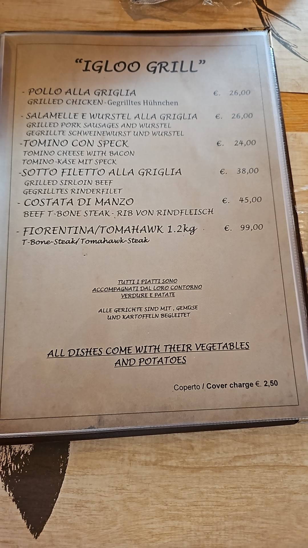 Menu at Igloo restaurant, Breuil-Cervinia
