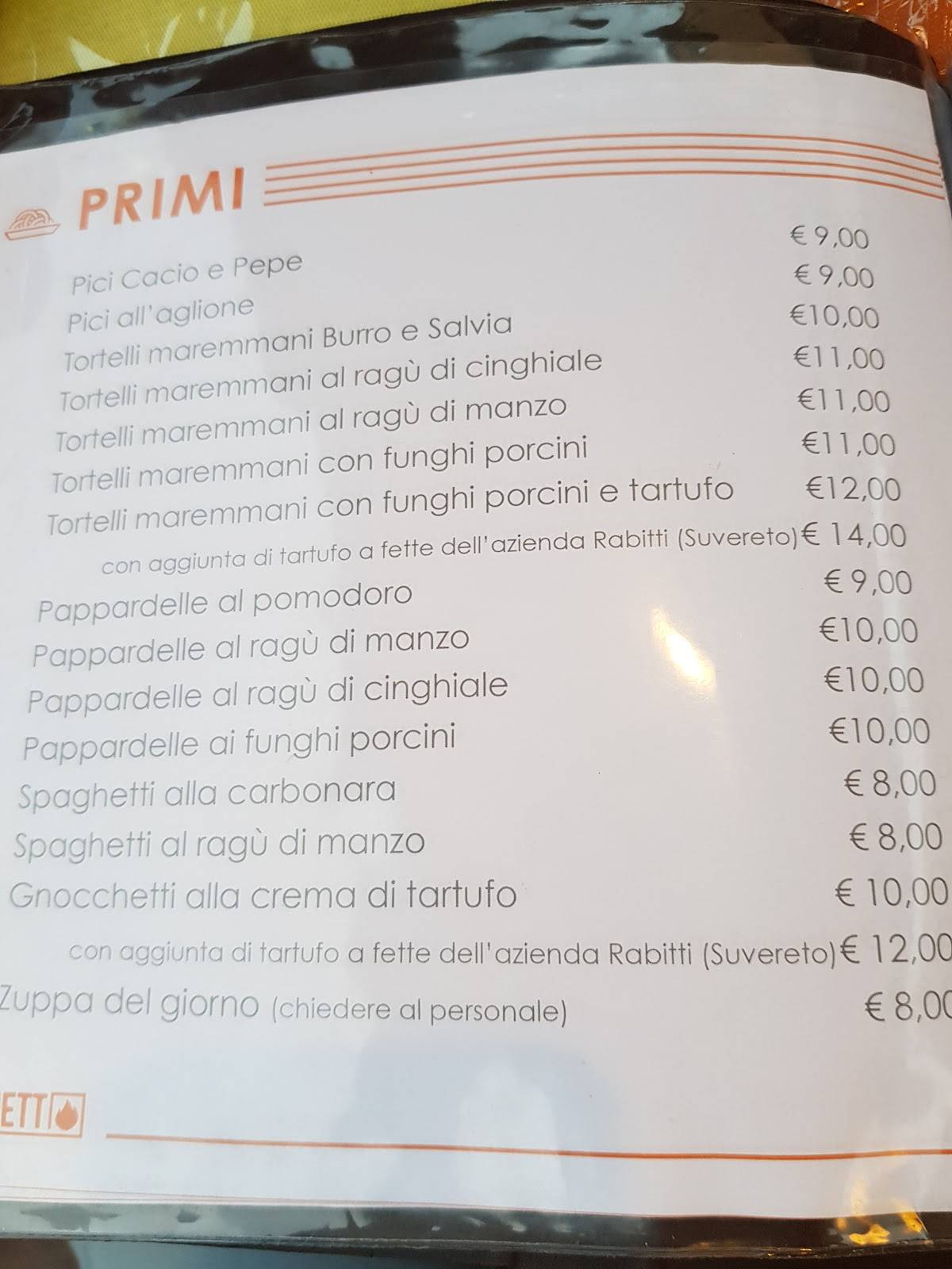 Menu da Il Caminetto ristorante, Suvereto