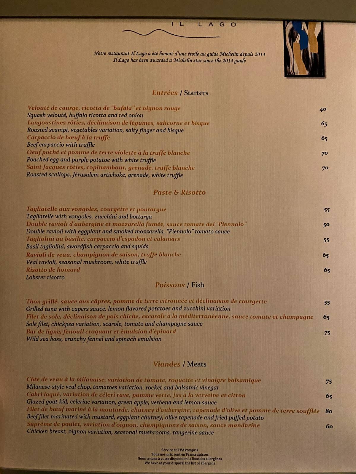 Menu da Il Lago, Ginevra