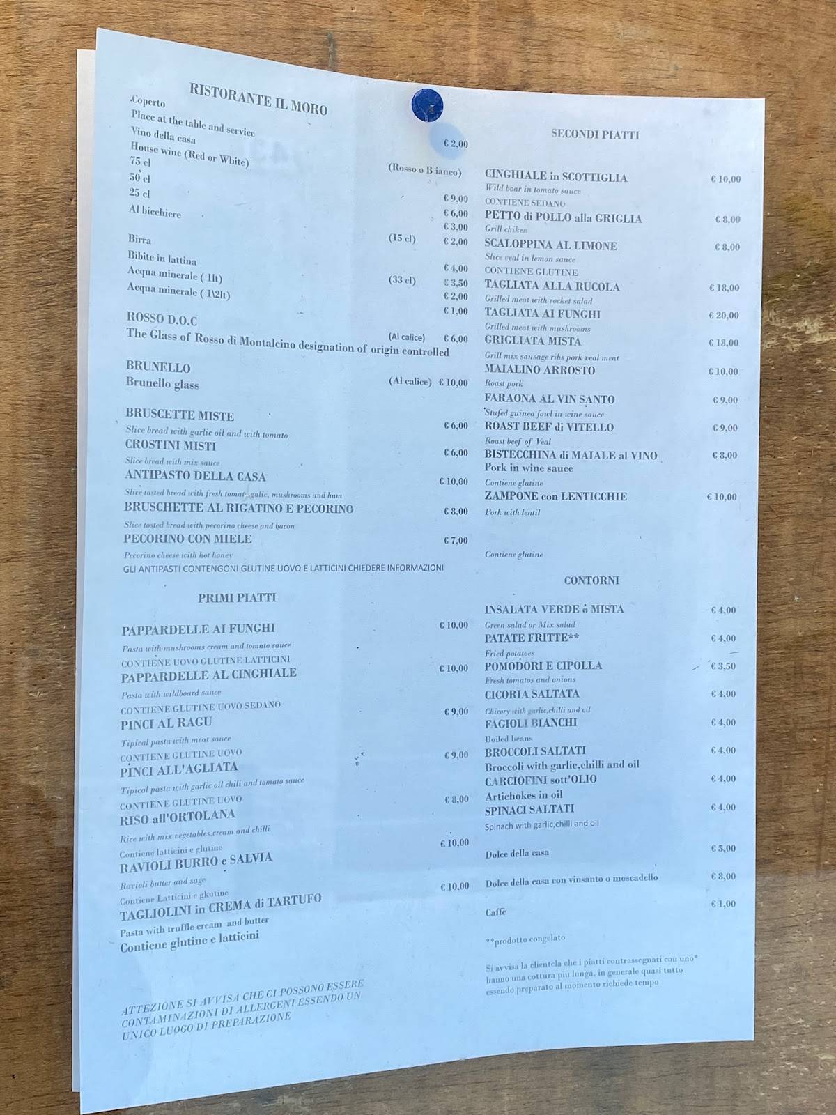 Menu at Il Moro restaurant, Montalcino