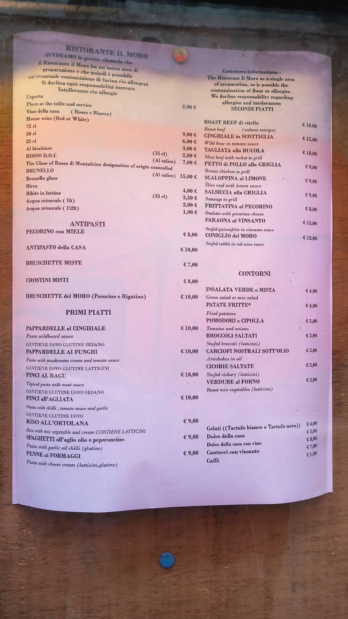 Menu at Il Moro restaurant, Montalcino