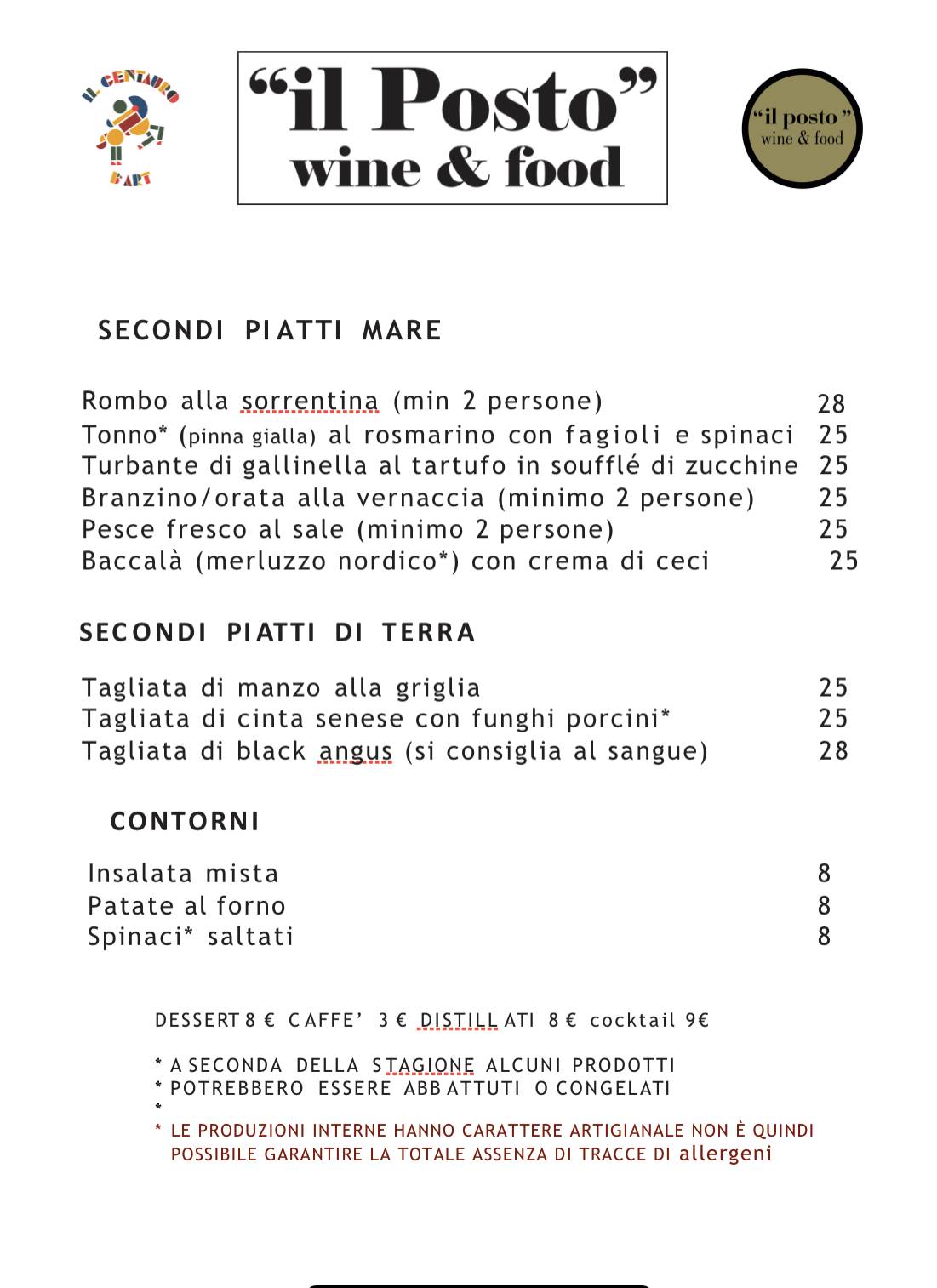Menu da il posto ristorante, Pietrasanta