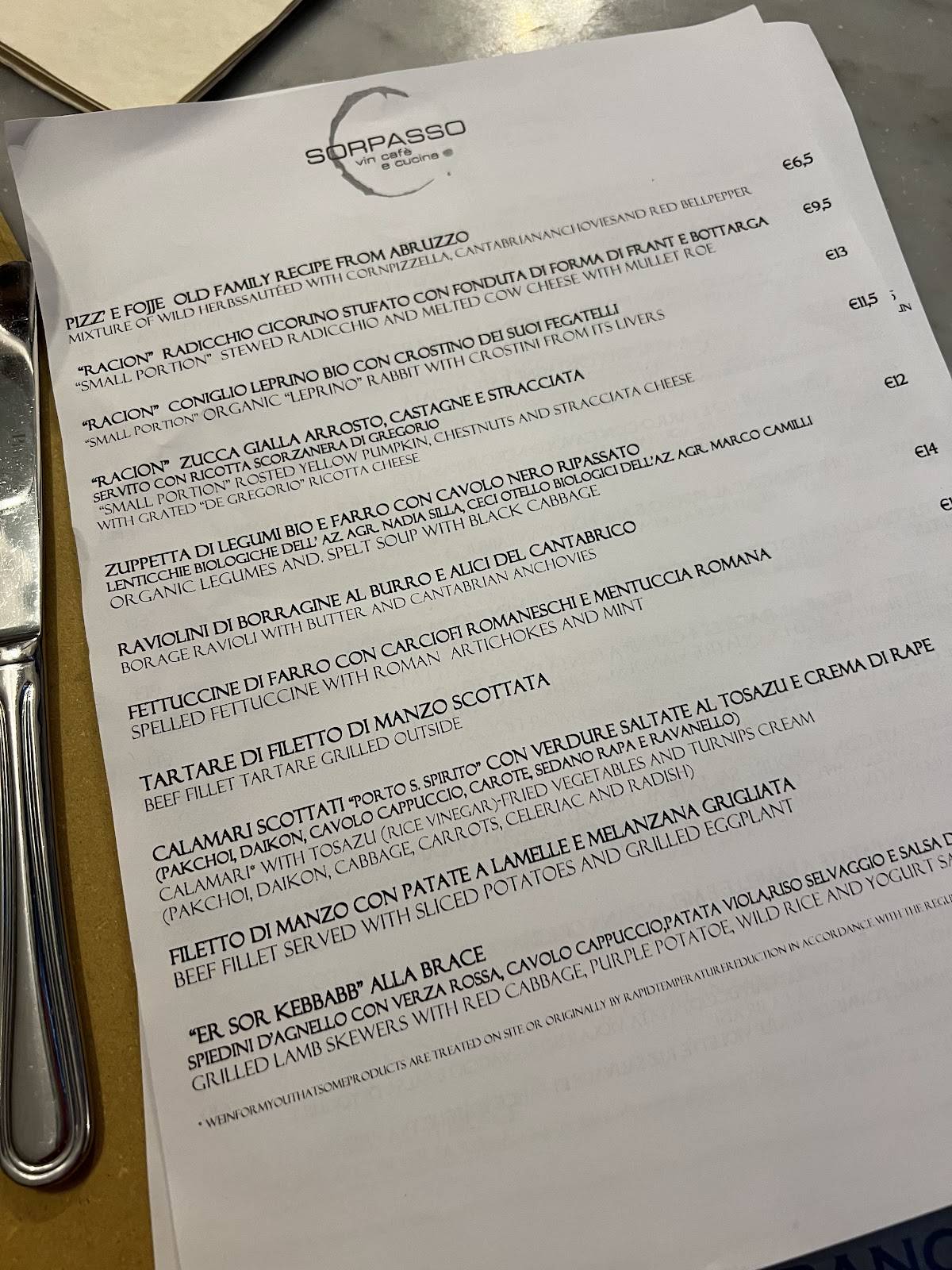 Menu da Il Sorpasso pub & bar, Roma