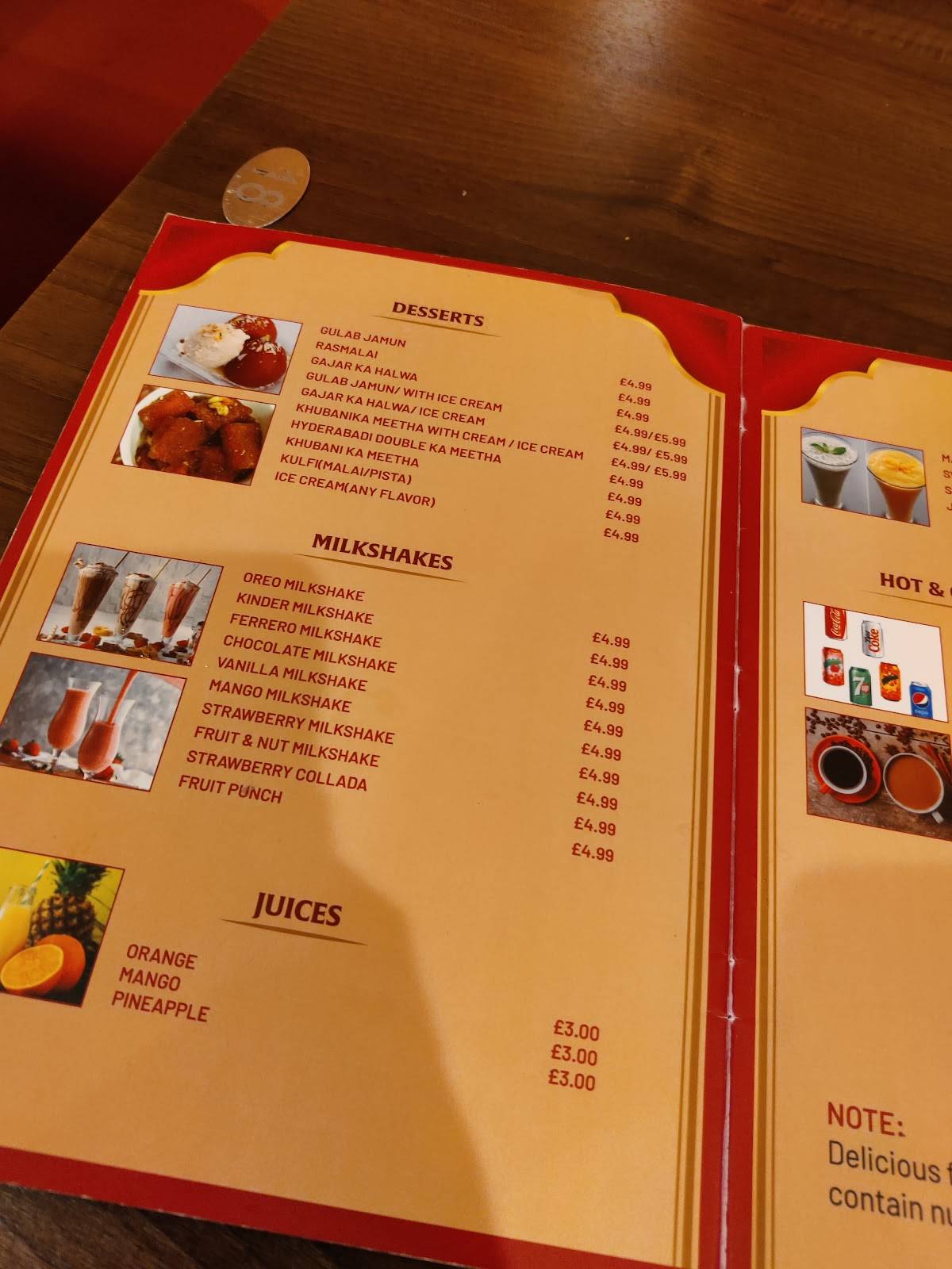 Menu at Hyderabad Darbar, Ilford
