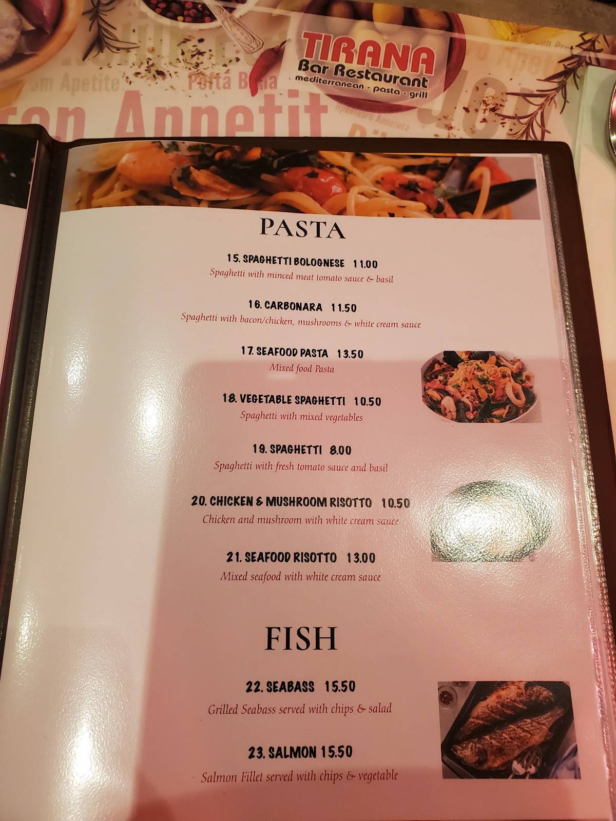 Menu at Tirana restaurant, Ilford