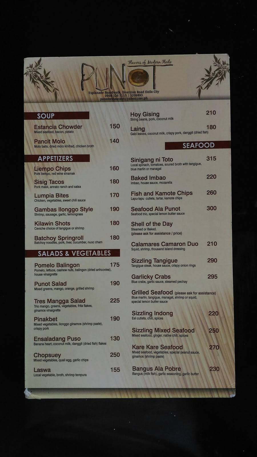 Menu at PUNOT restaurant, Iloilo City