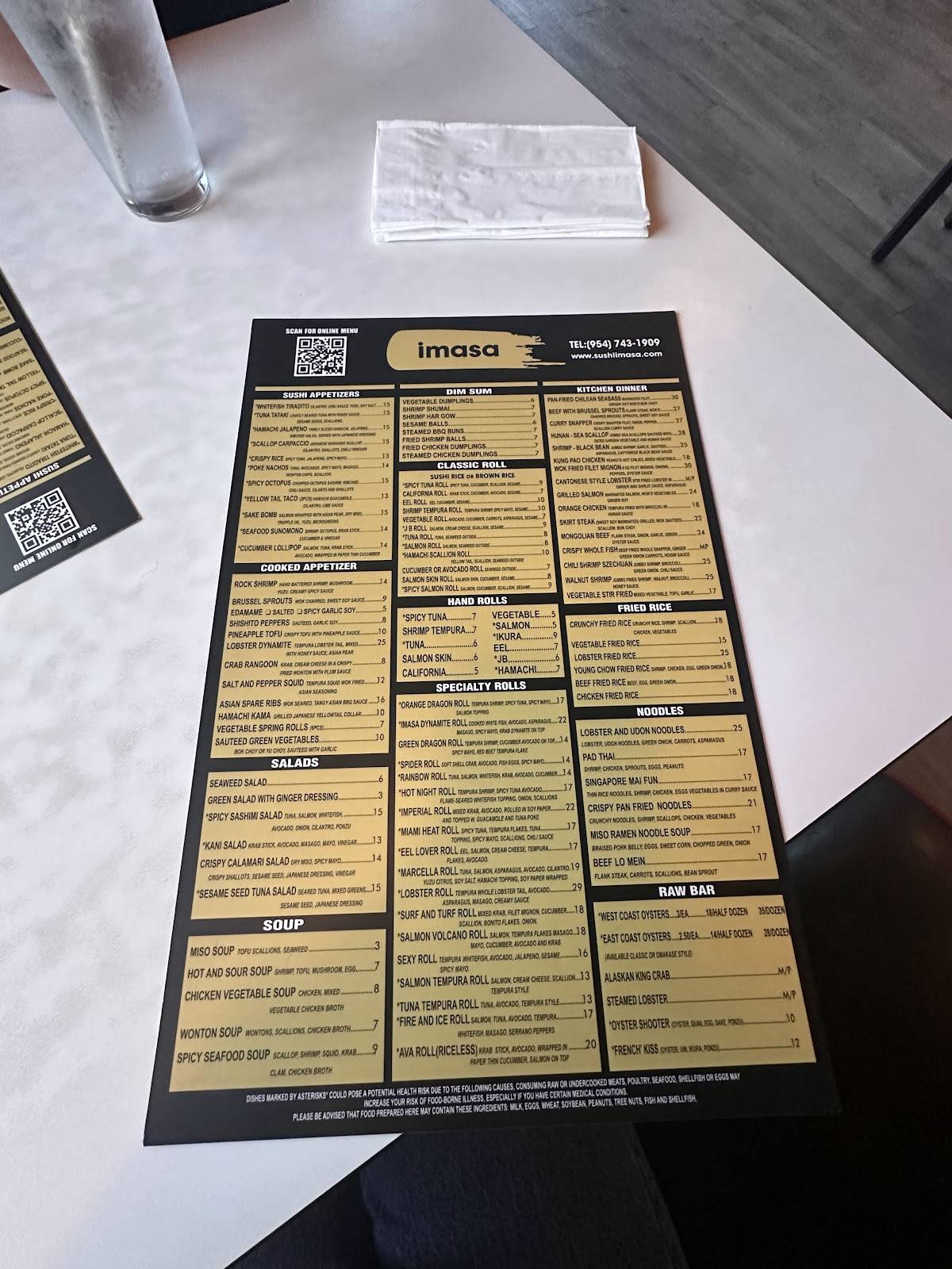 Menu at Imasa Sushi restaurant, Hollywood, Stirling Rd #101