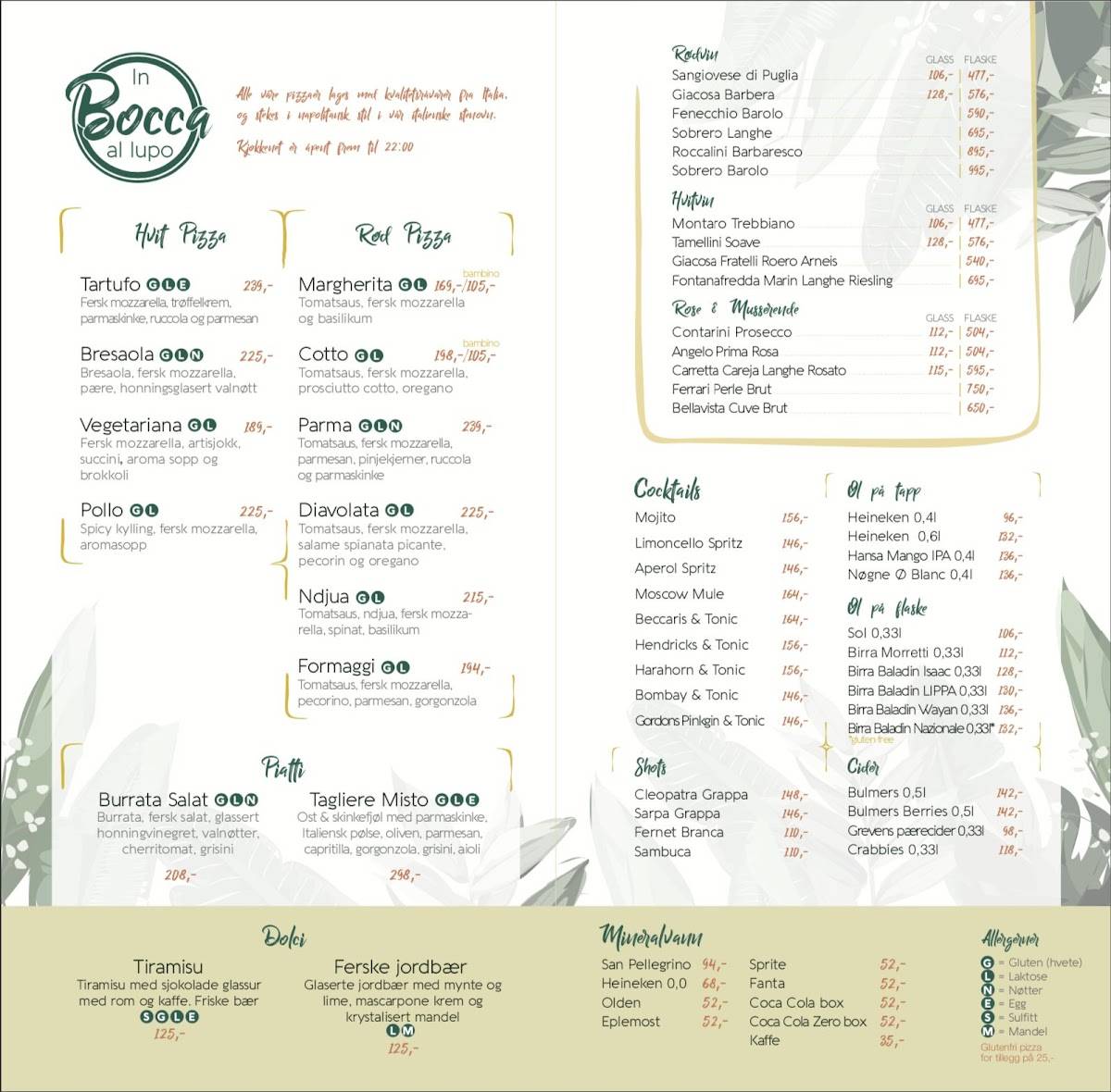 Menu at In bocca al lupo restaurant, Lillehammer
