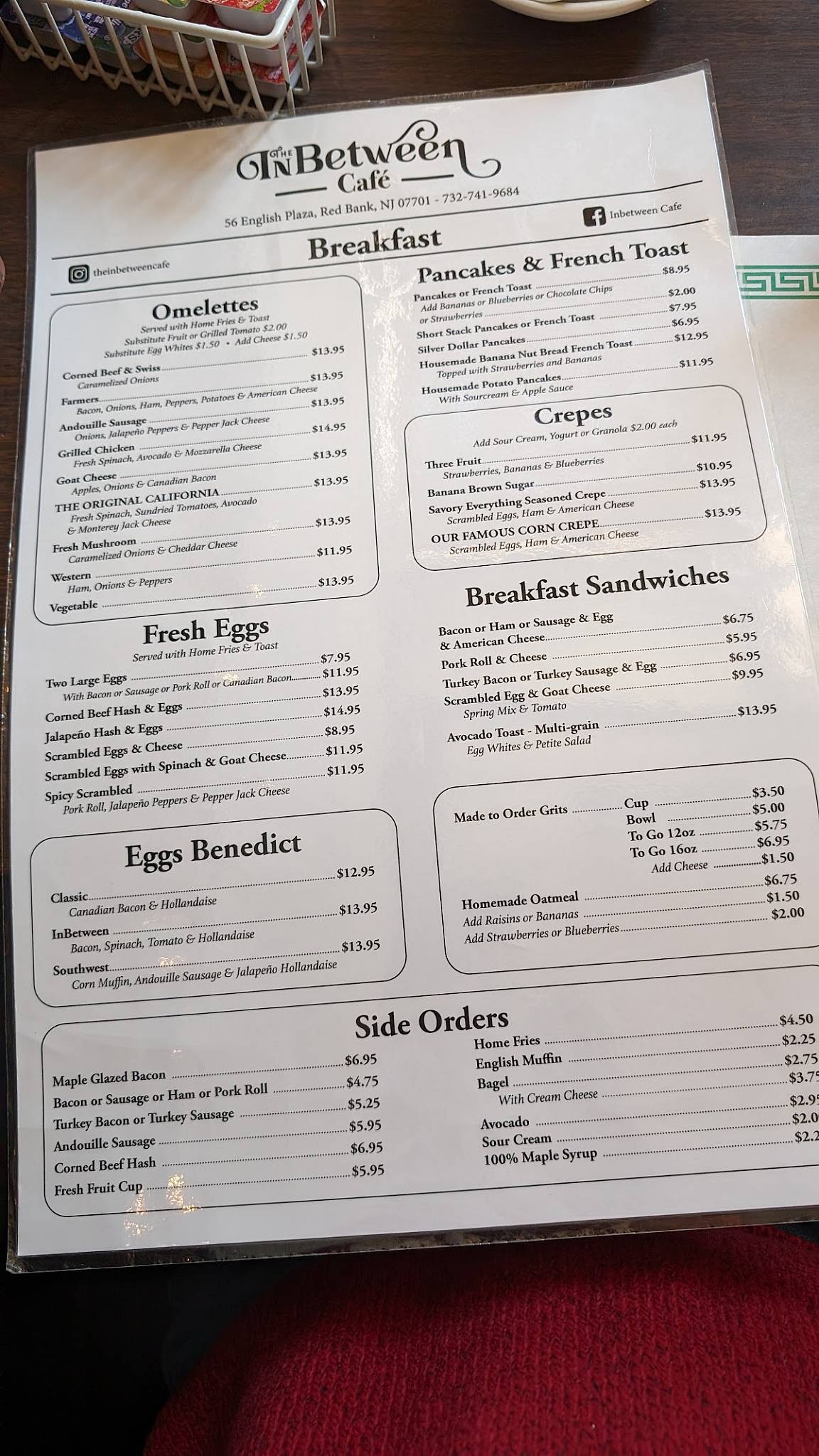 Menu at Inbetween Cafe, Red Bank