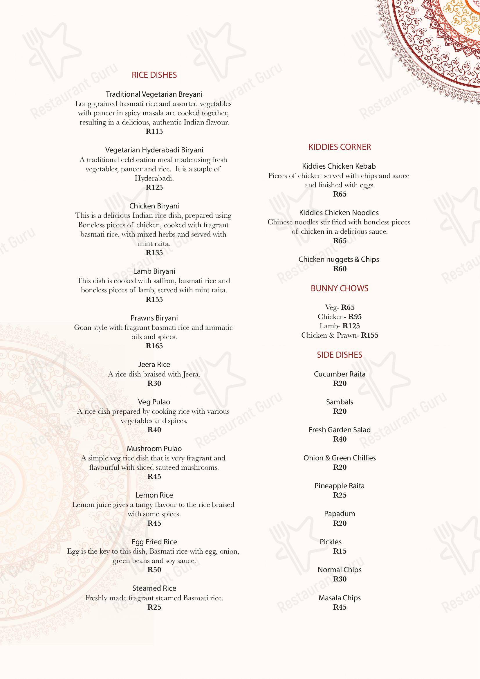 Menu at THE INCREDIBLE INDIA restaurant, Umhlanga