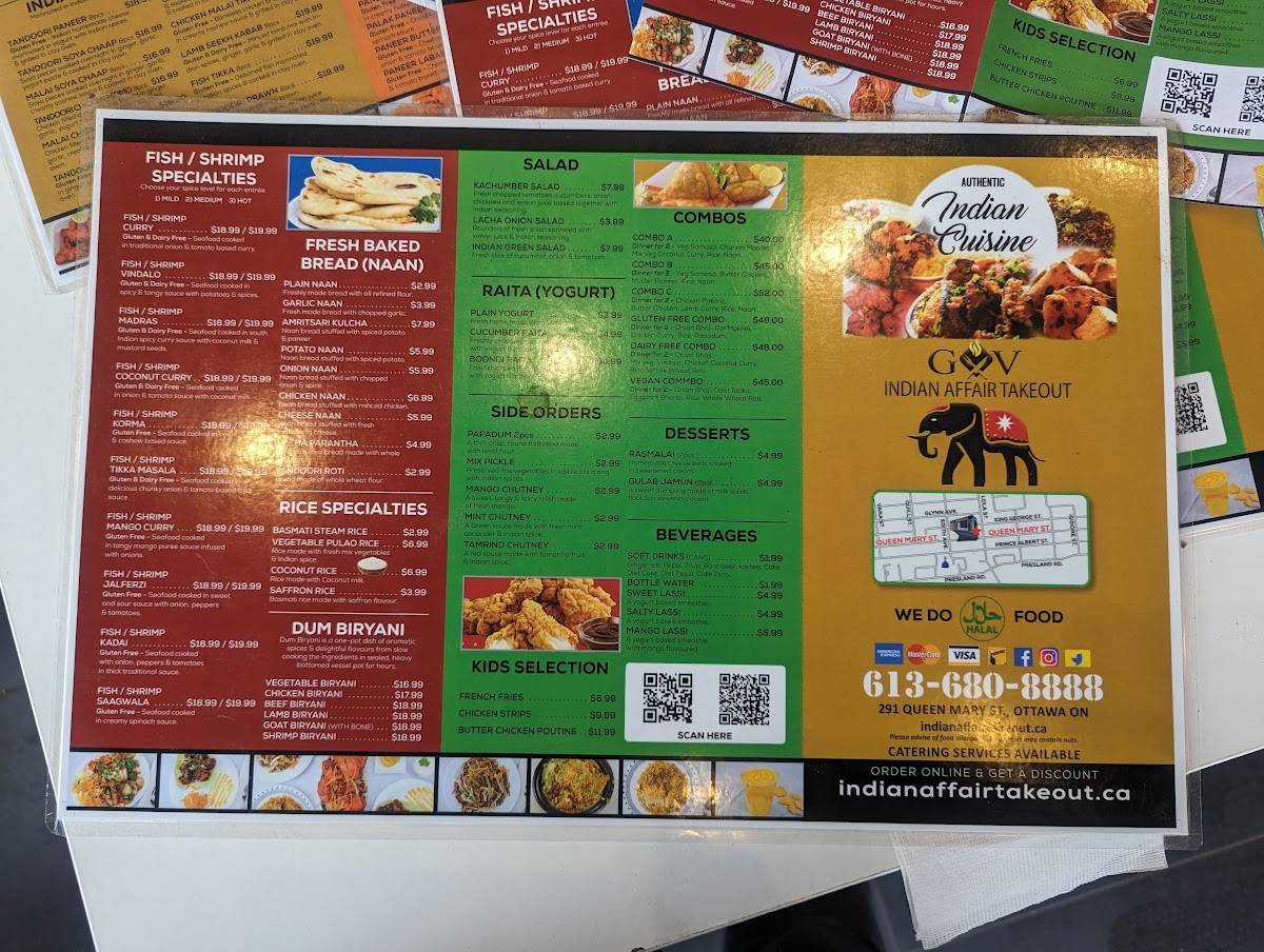 Menu at Indian Affair Takeout restaurant, Ottawa