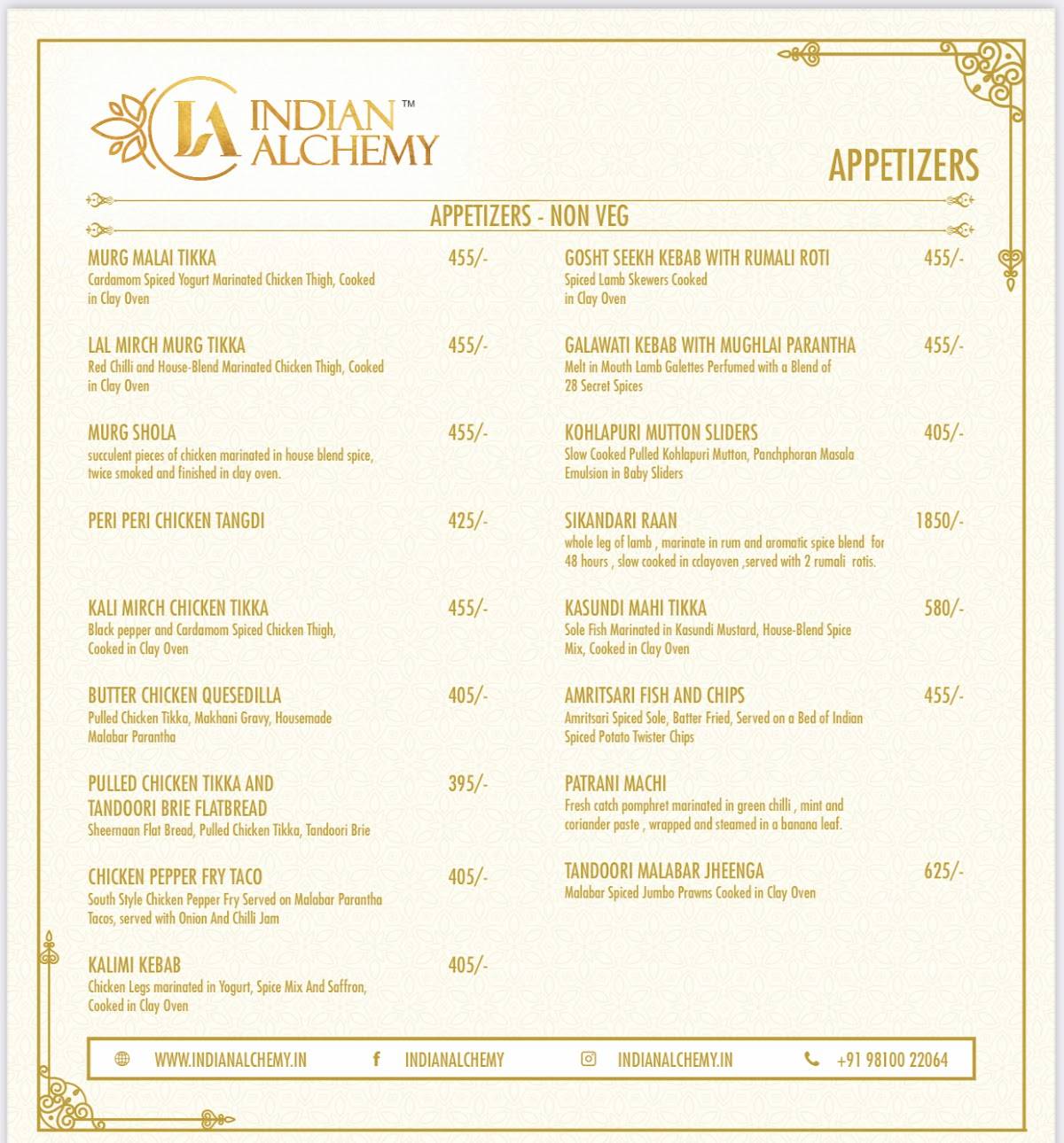 Menu at Indian Alchemy, Gurugram