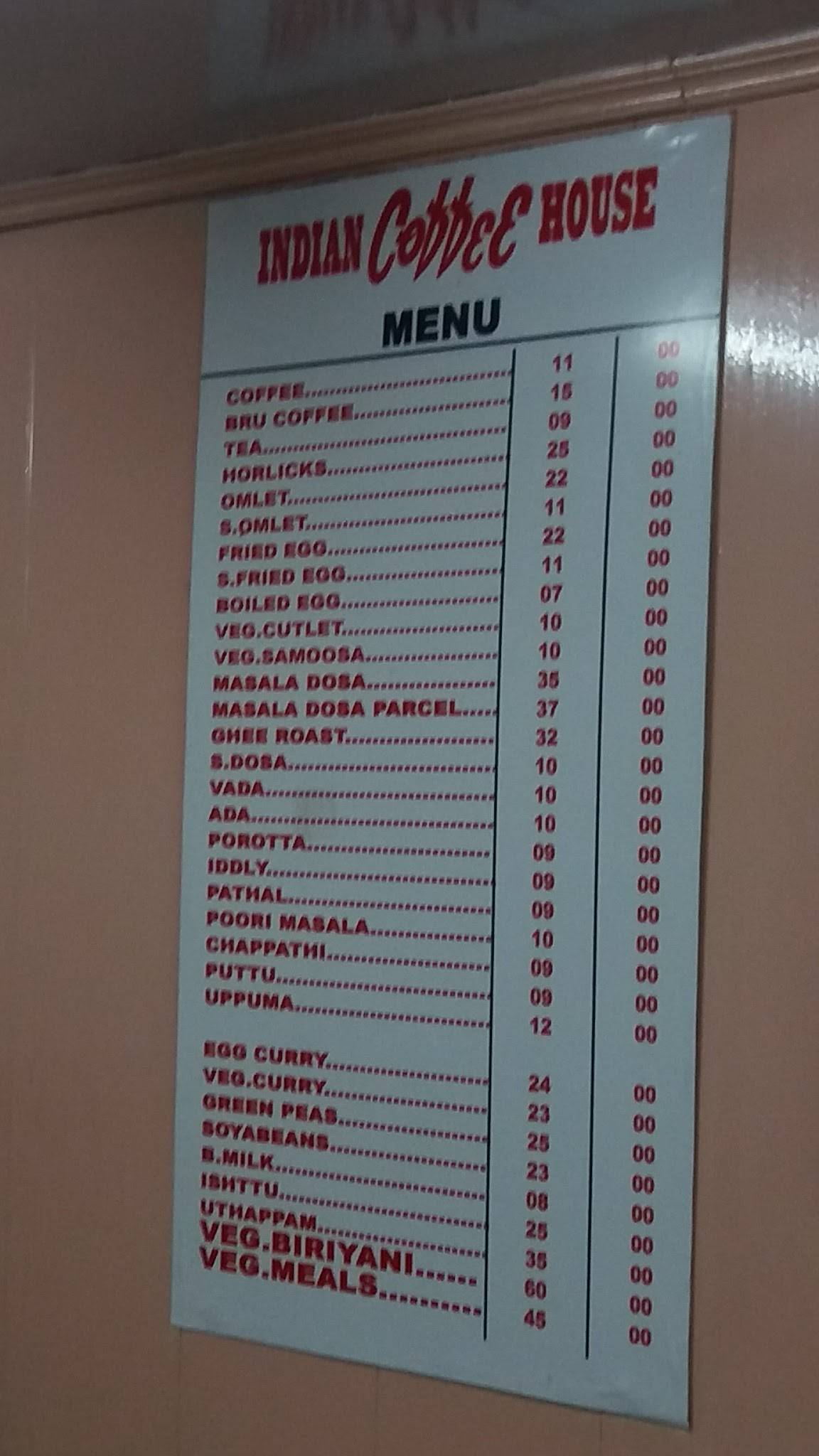 Menu at Indian Coffee House, Thalassery, kerala warehouse