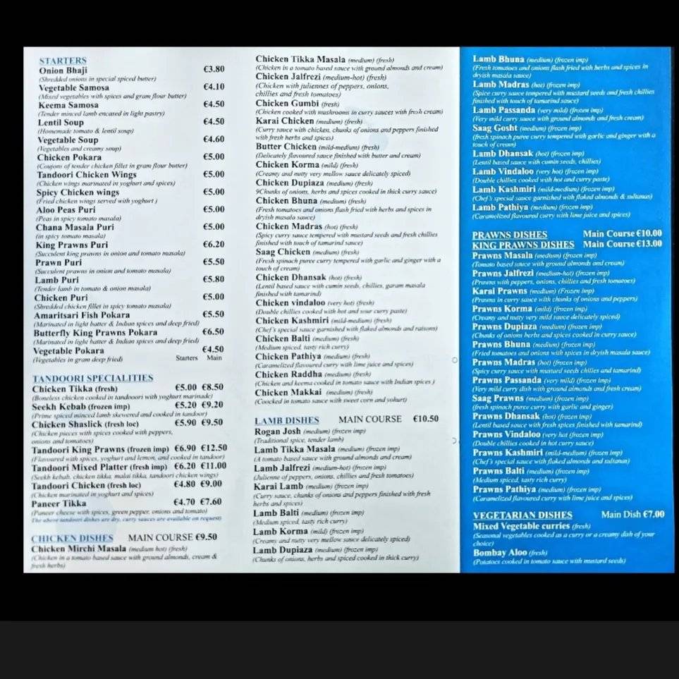 Menu at Indian Ocean Take Away, Peyia, 56b Michalaki