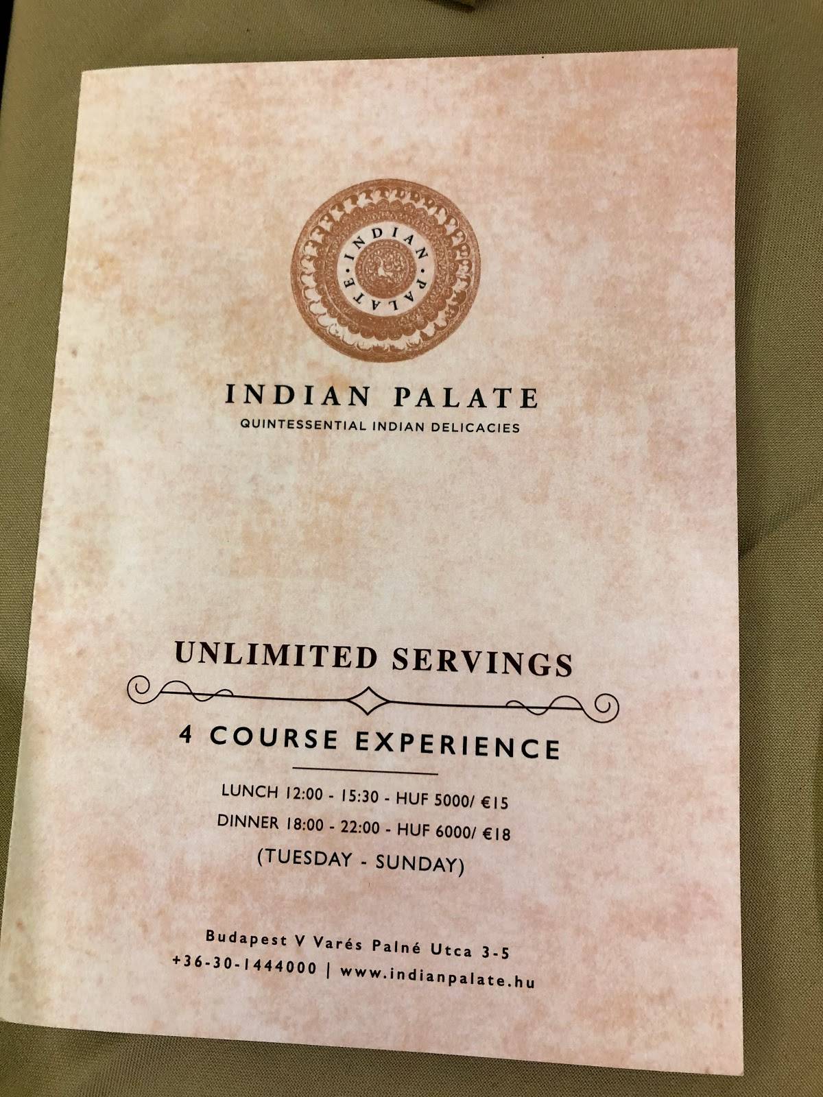 Carta de Indian Palate - Indian Restaurant in Budapest, Budapest