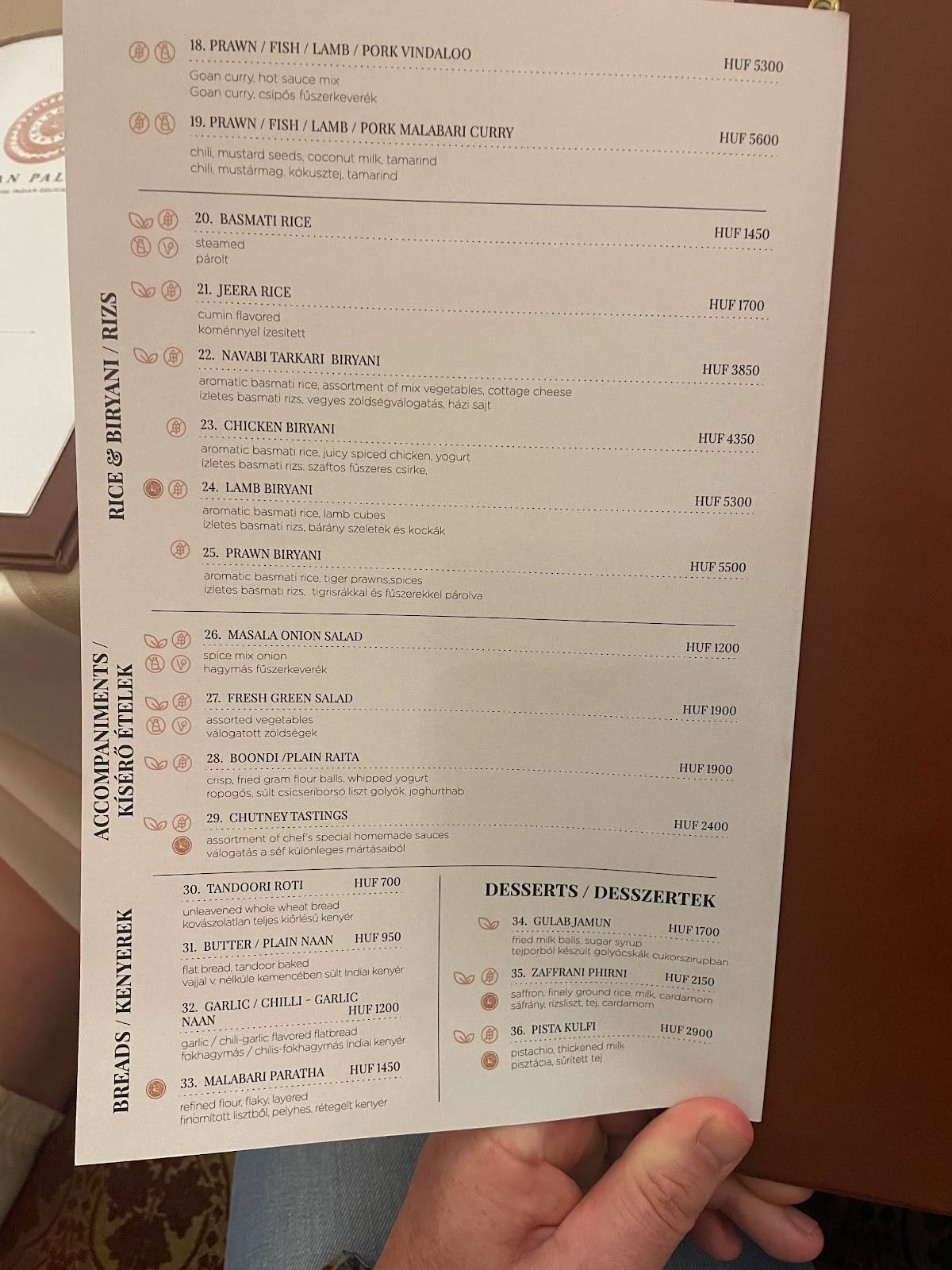 Carta de Indian Palate - Indian Restaurant in Budapest, Budapest