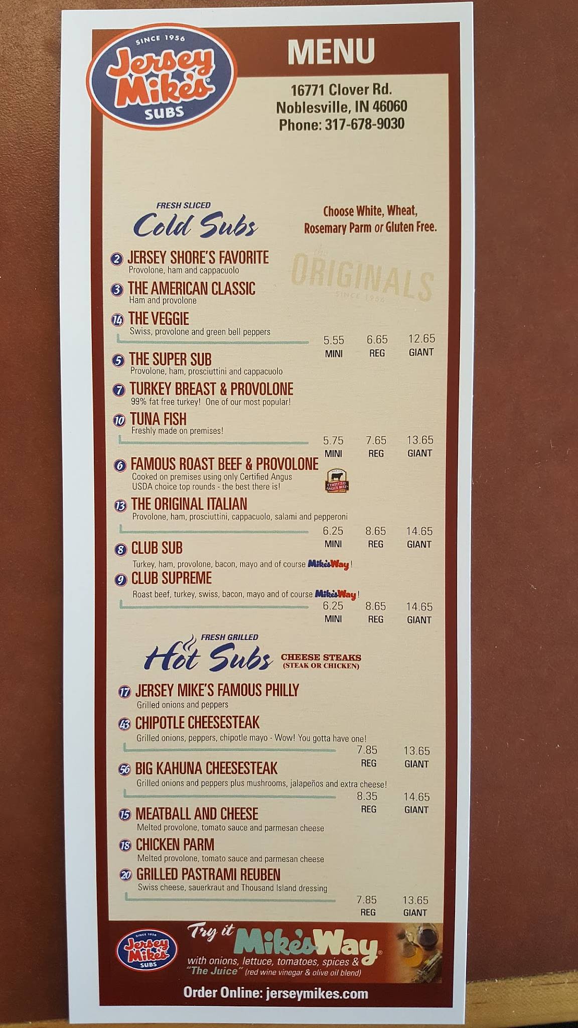 Menu at Jersey Mike's Subs fast food, Noblesville, Clover Rd