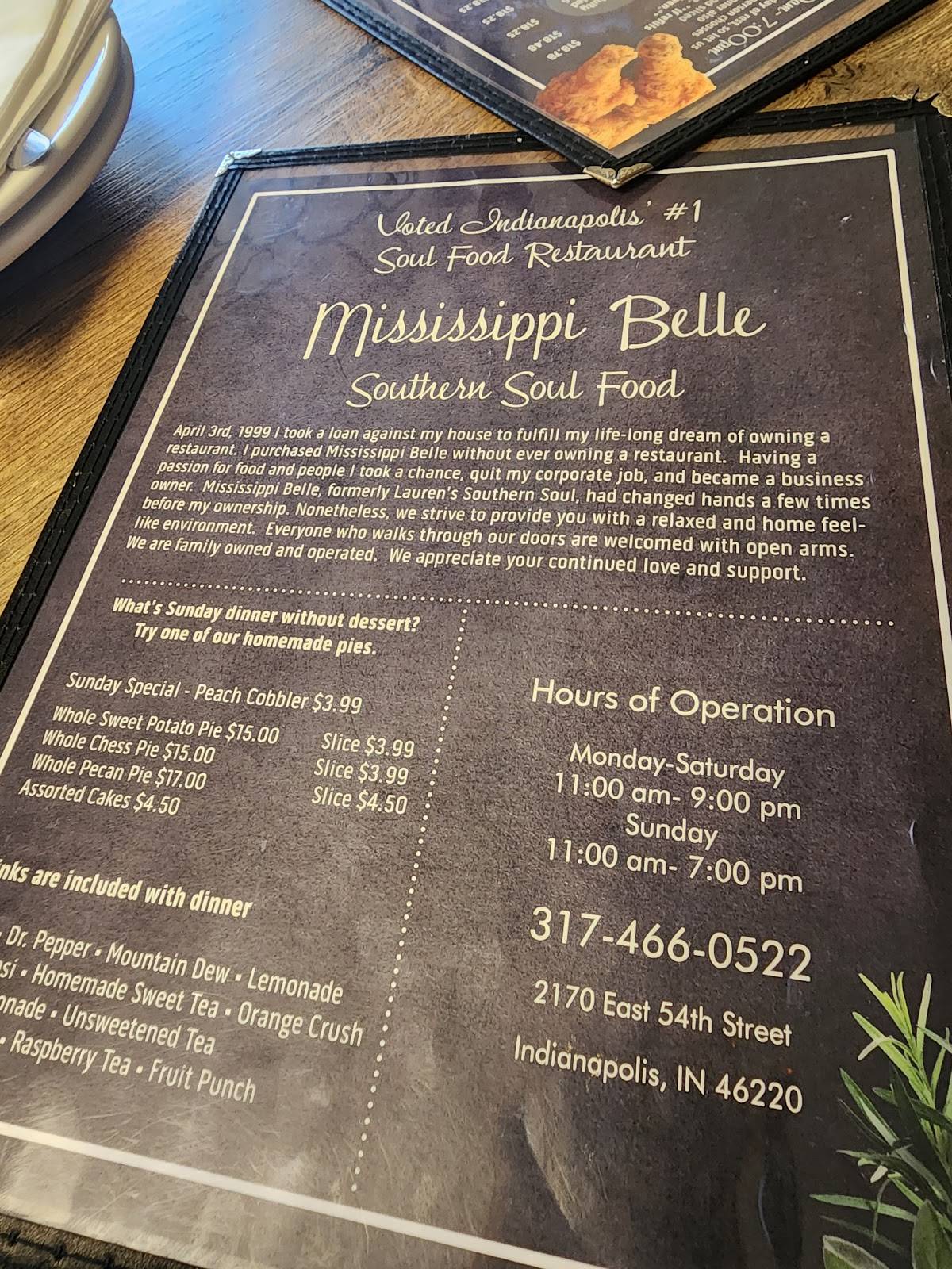 Menu at Mississippi Belle restaurant, Indianapolis