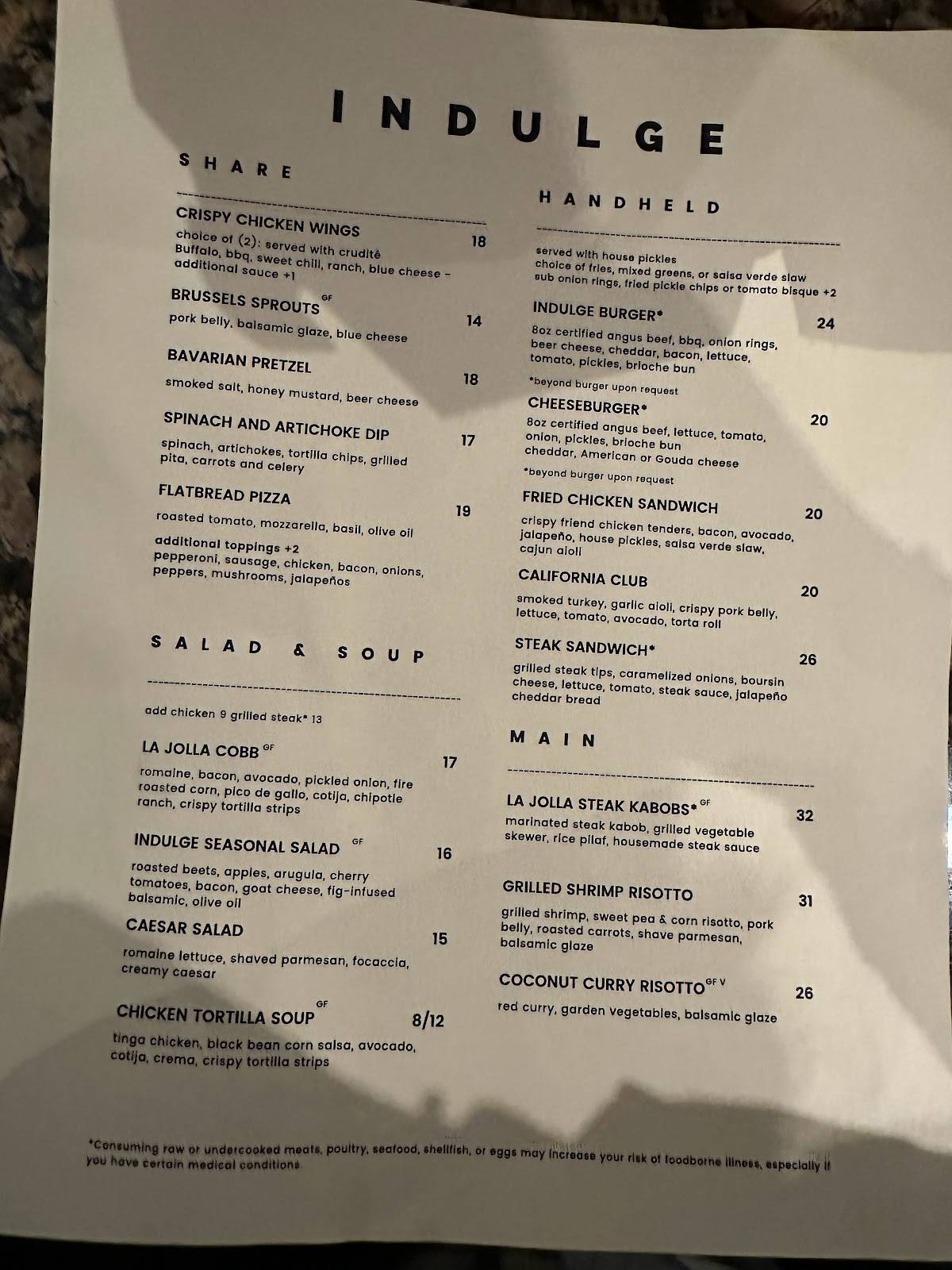 Menu at Indulge Restaurant and Bar, San Diego