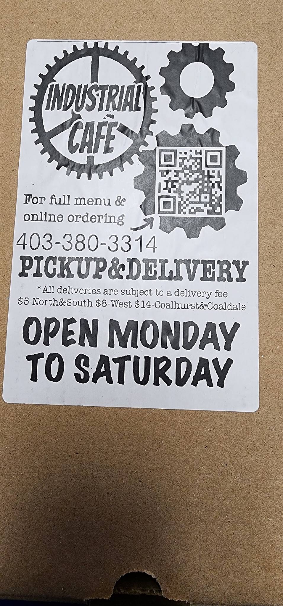 Menu at Industrial Café, Lethbridge