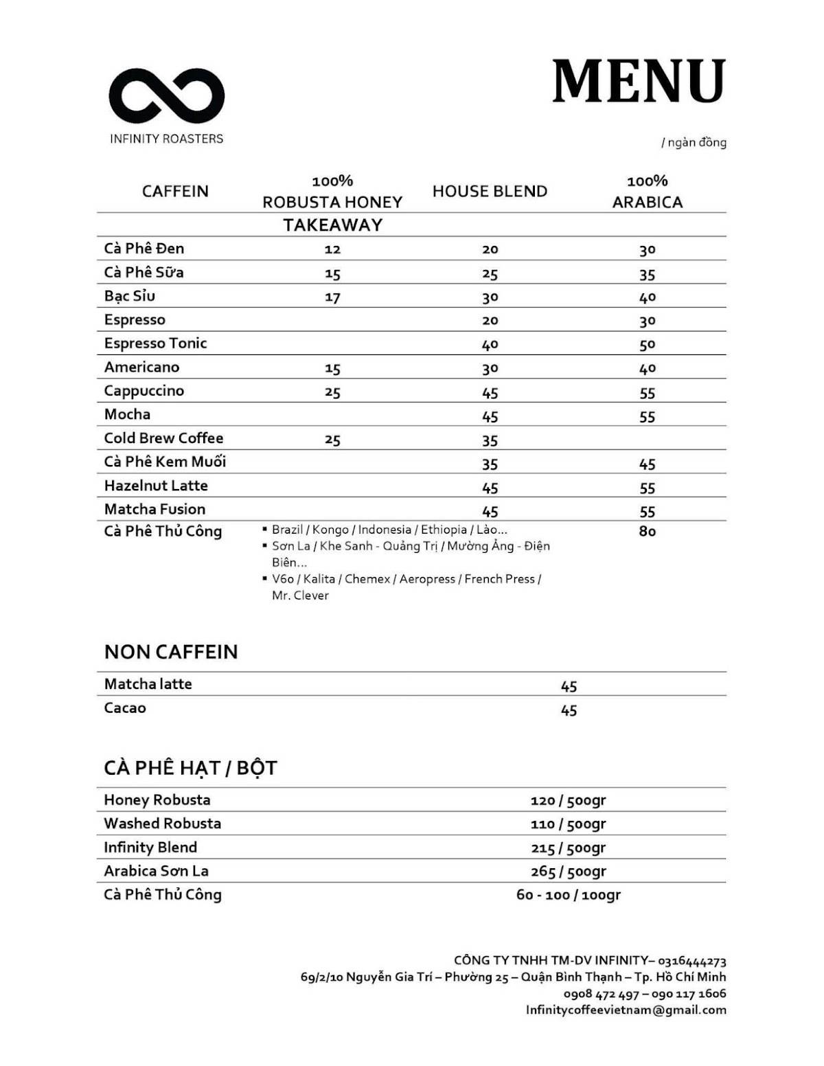Menu at Infinity Roasters pub & bar, Ho Chi Minh City, 69/2/10 Nguyễn ...
