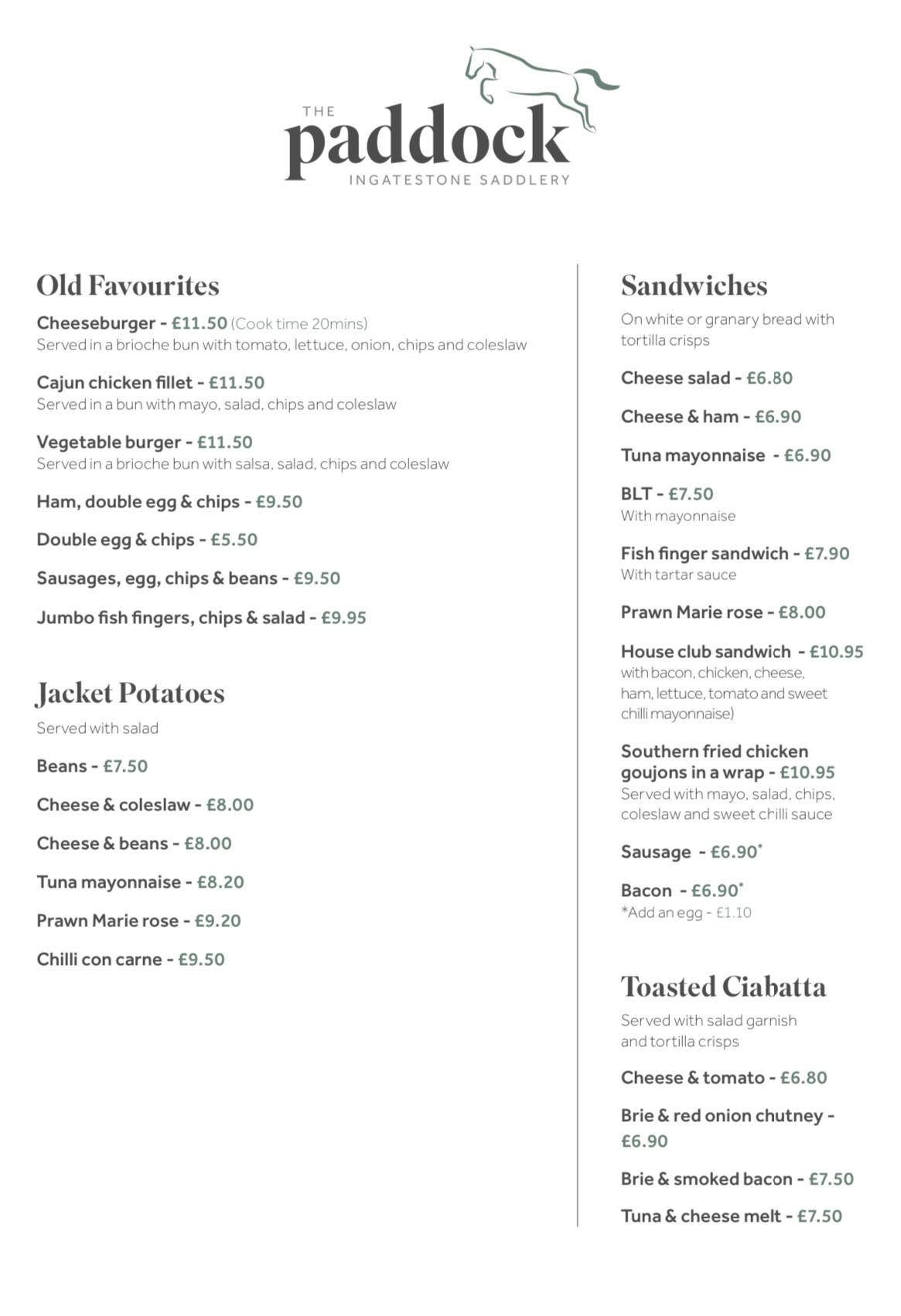 Menu at Ingatestone Saddlery Centre cafe, Ingatestone