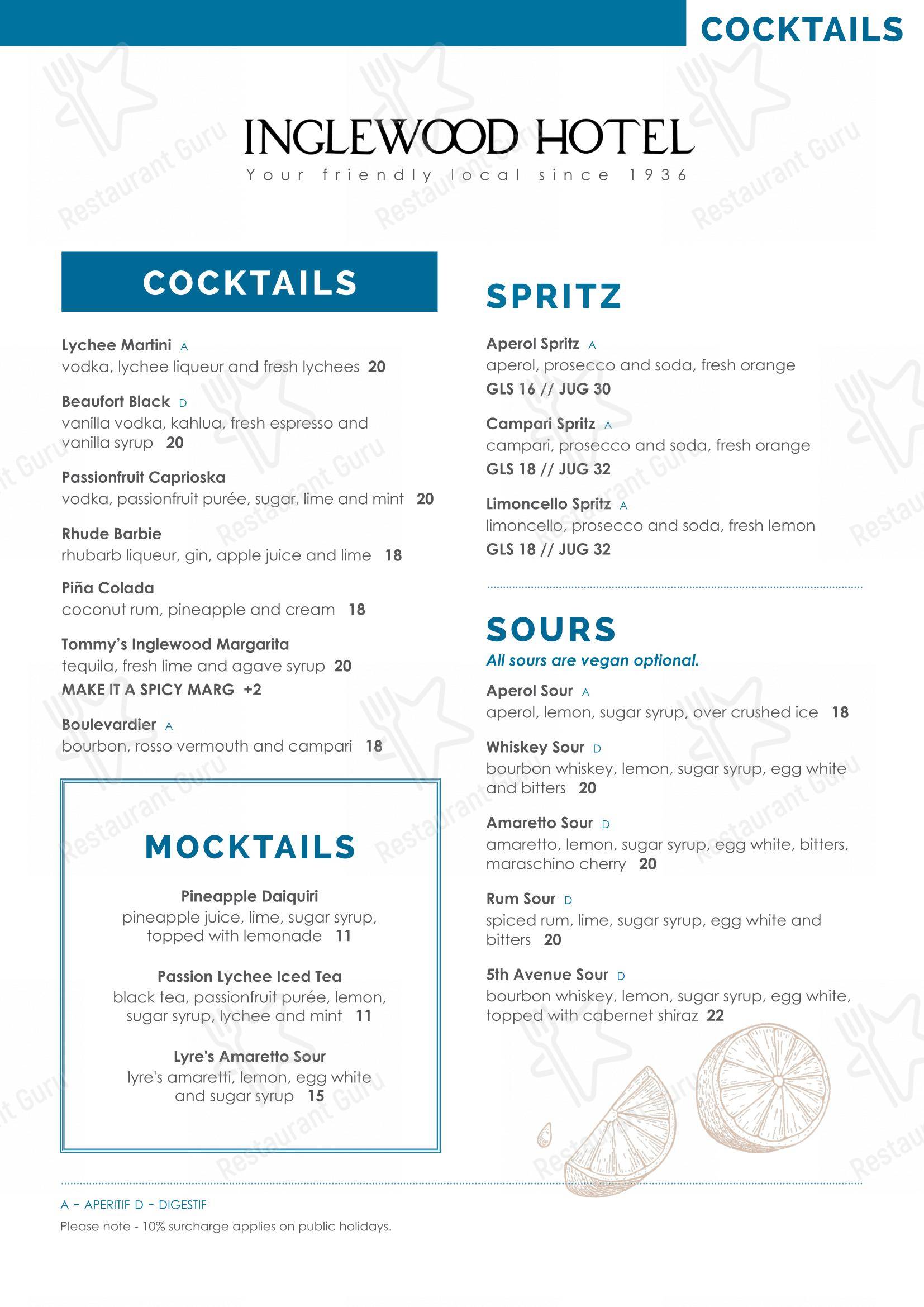 Menu at Inglewood Hotel Perth pub & bar, Mount Lawley
