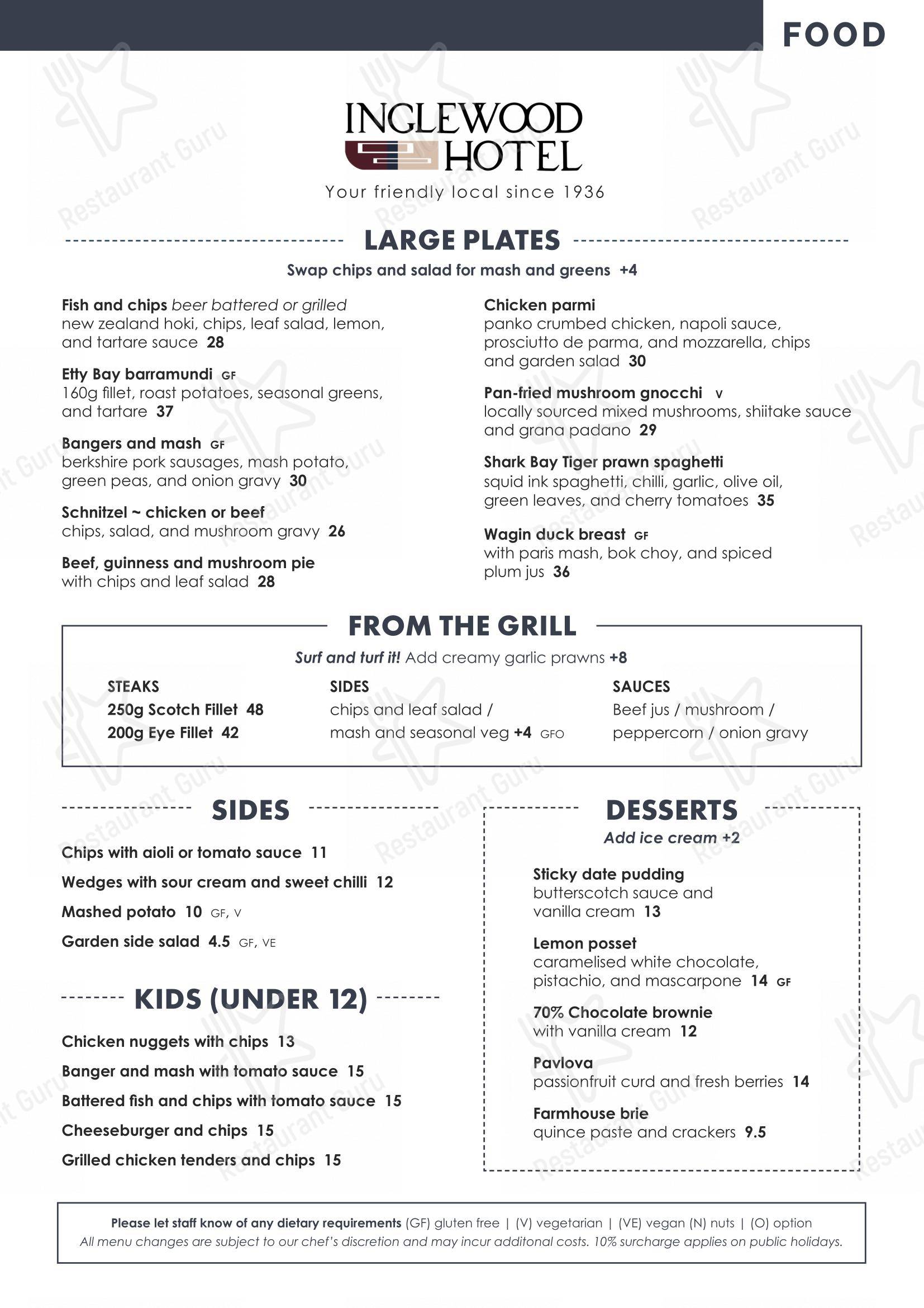 Menu at Inglewood Hotel Perth pub & bar, Mount Lawley