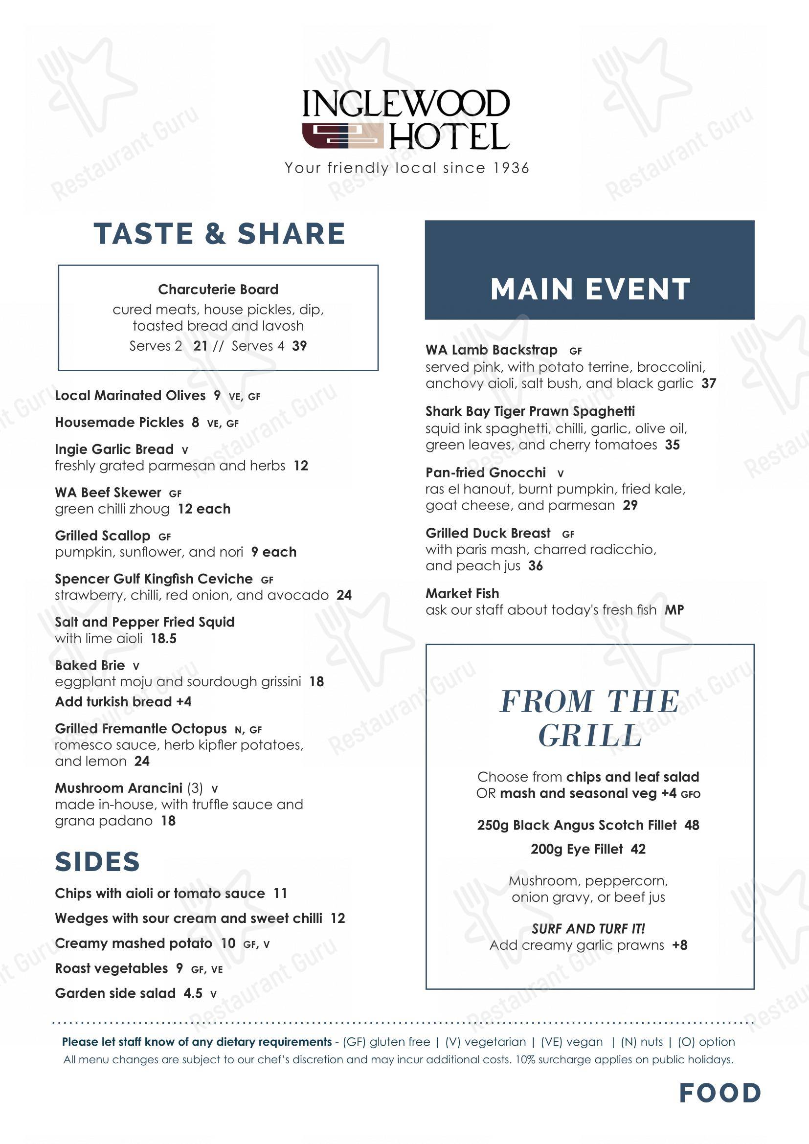 Menu at Inglewood Hotel Perth pub & bar, Mount Lawley