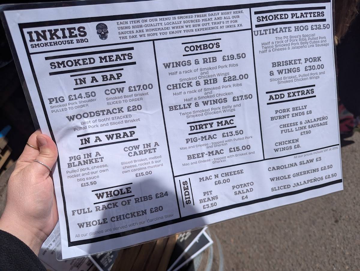 Menu at Inkie's Smokehouse restaurant, Liskeard