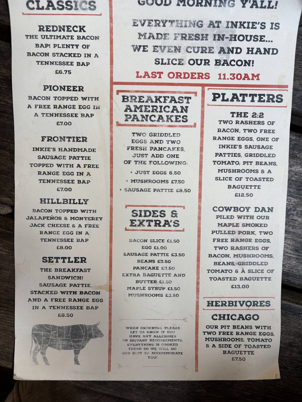 Menu at Inkie's Smokehouse restaurant, Liskeard