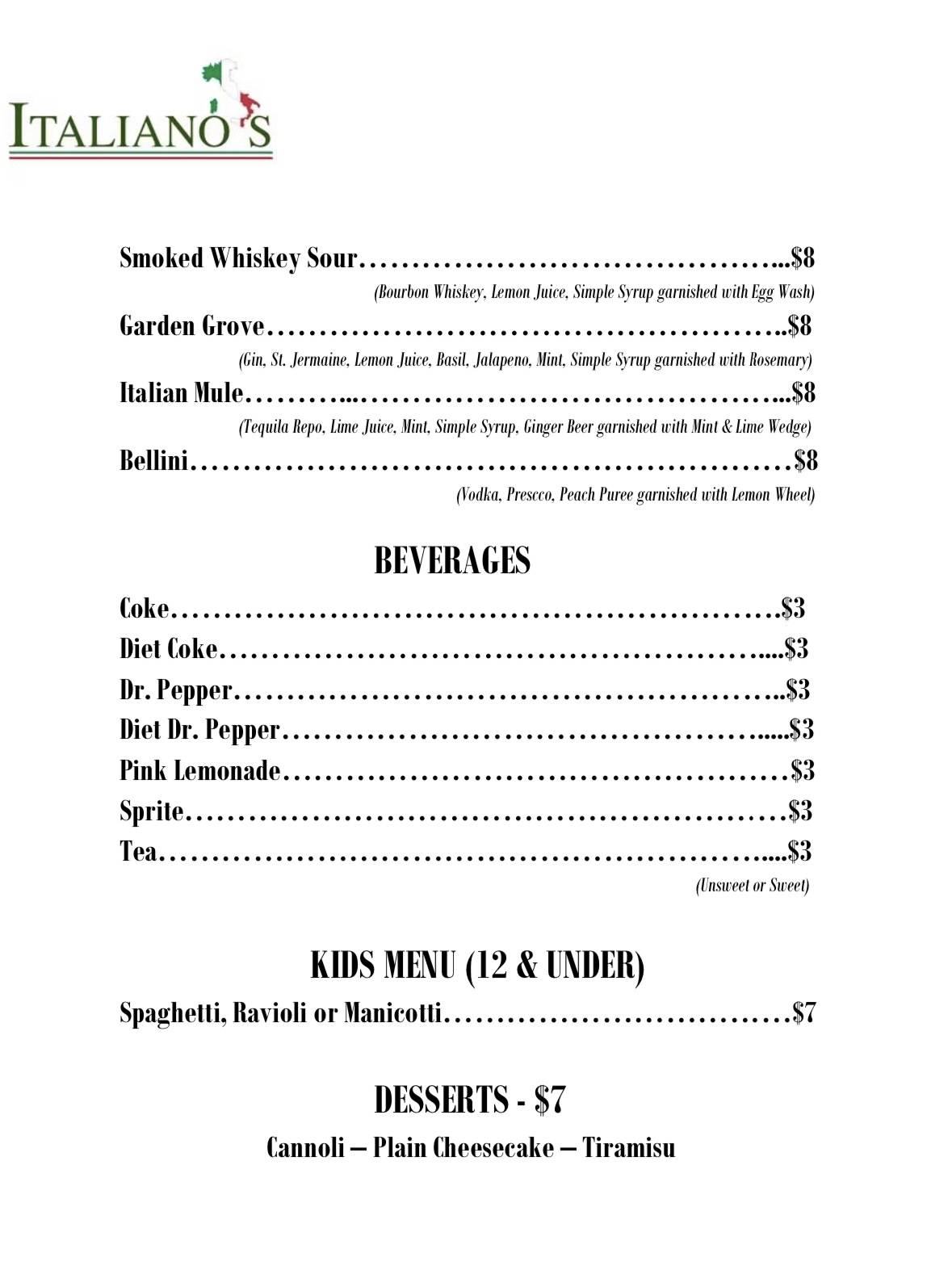 Menu at Italiano's restaurant, Greenville