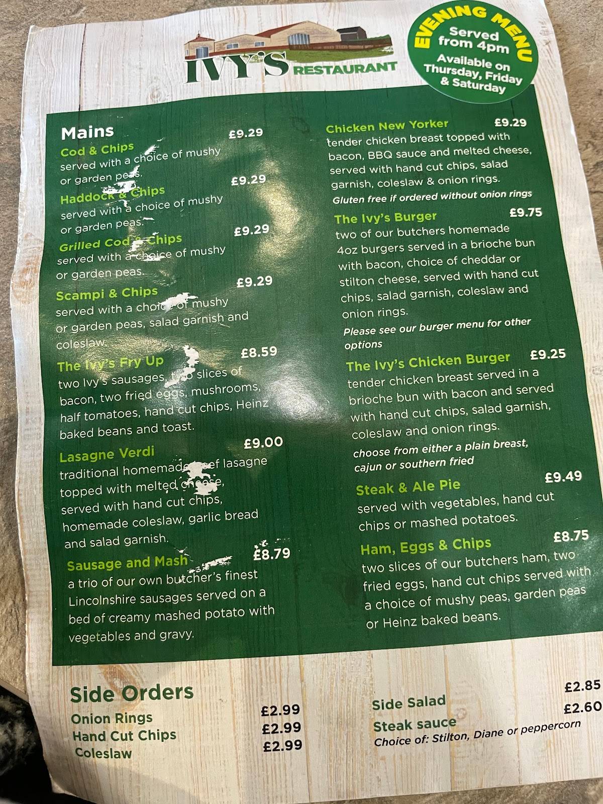 Menu at Ivy Farm restaurant, Kirton