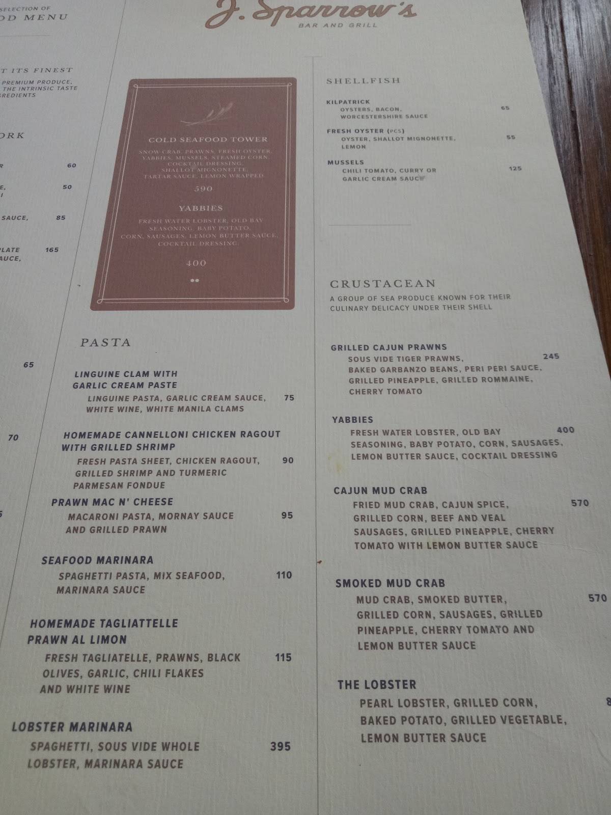 Menu at J.Sparrow Bar & Grill, South Jakarta