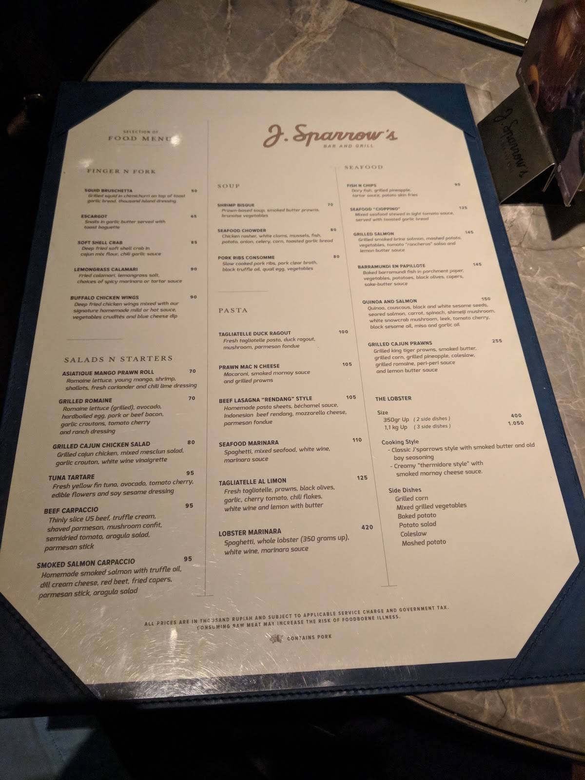 Menu at J.Sparrow Bar & Grill, South Jakarta
