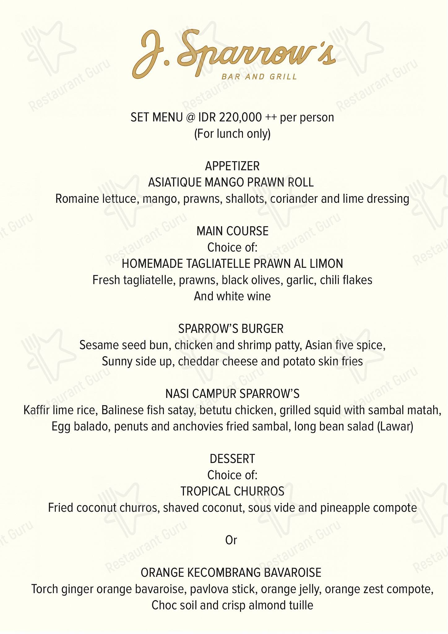 Menu at J.Sparrow Bar & Grill, South Jakarta