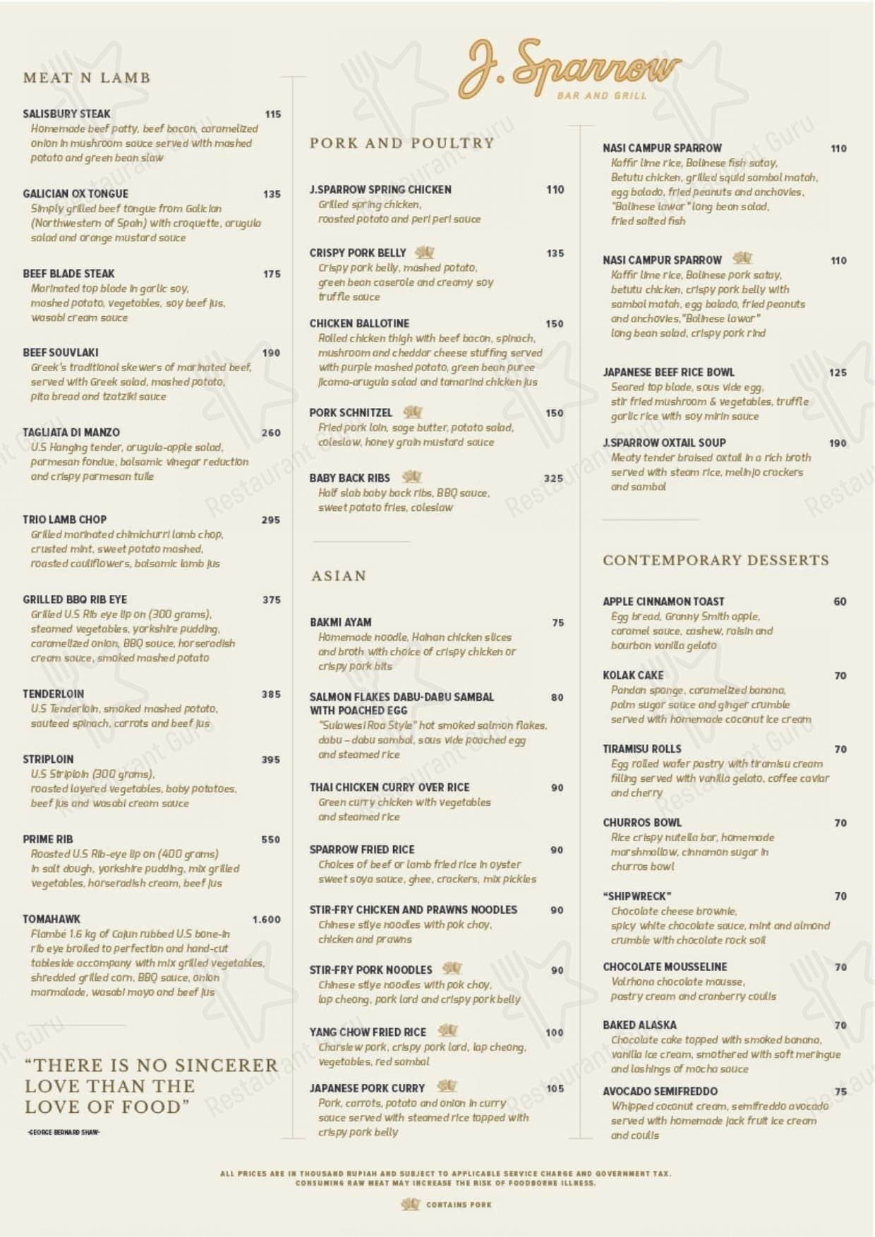 Menu at J.Sparrow Bar & Grill, Jakarta