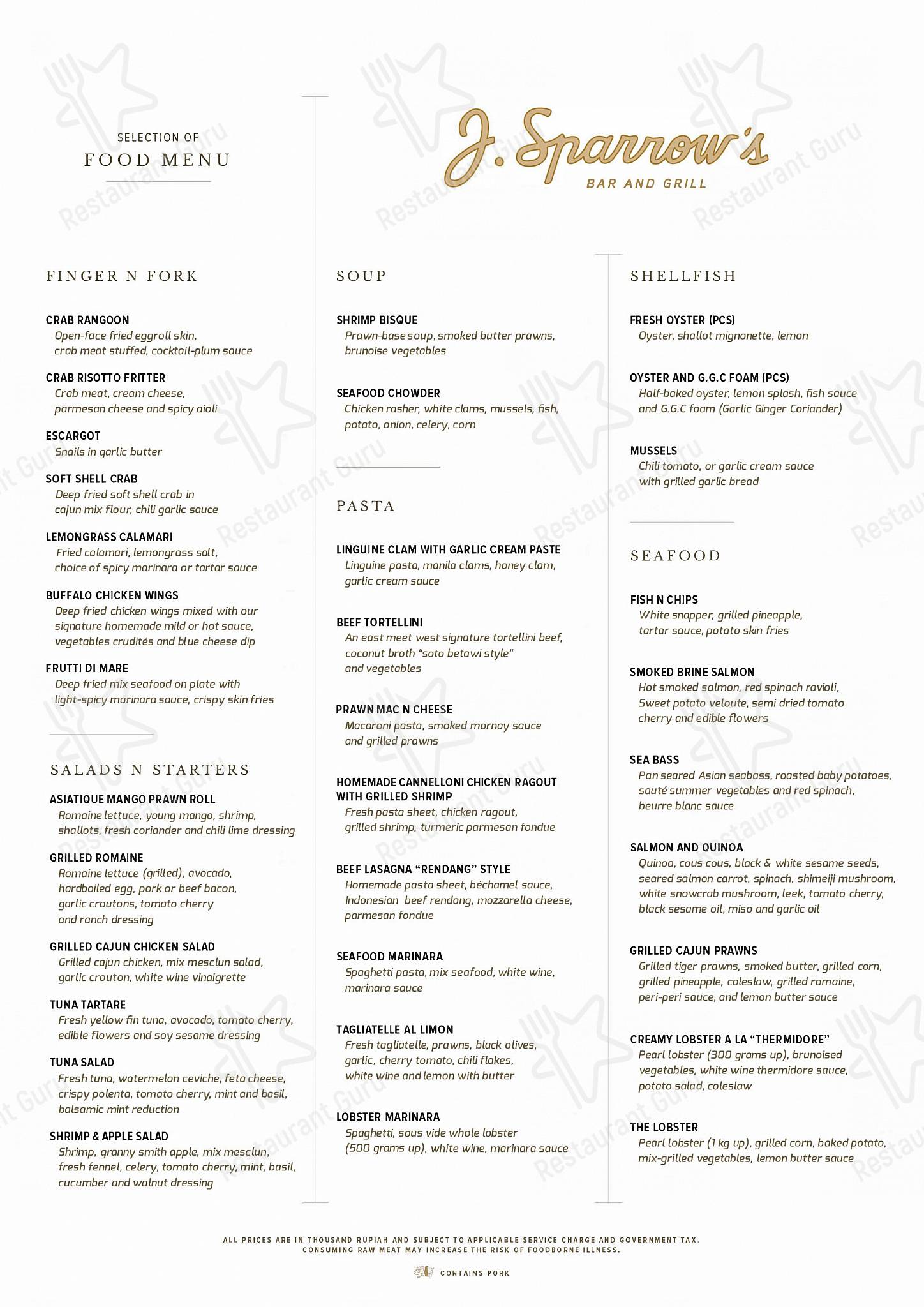 Menu at J.Sparrow Bar & Grill, South Jakarta