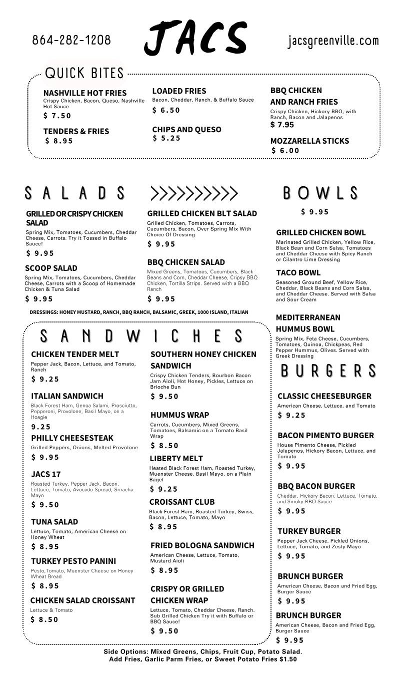 Menu at JACs restaurant, Greenville