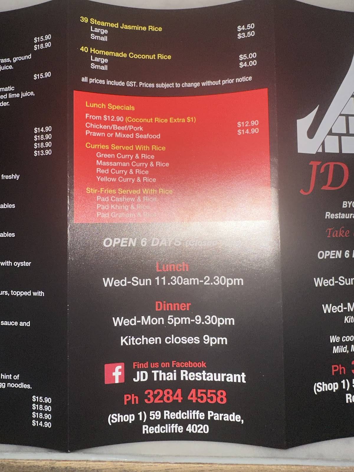 Menu at JD Thai restaurant, Redcliffe