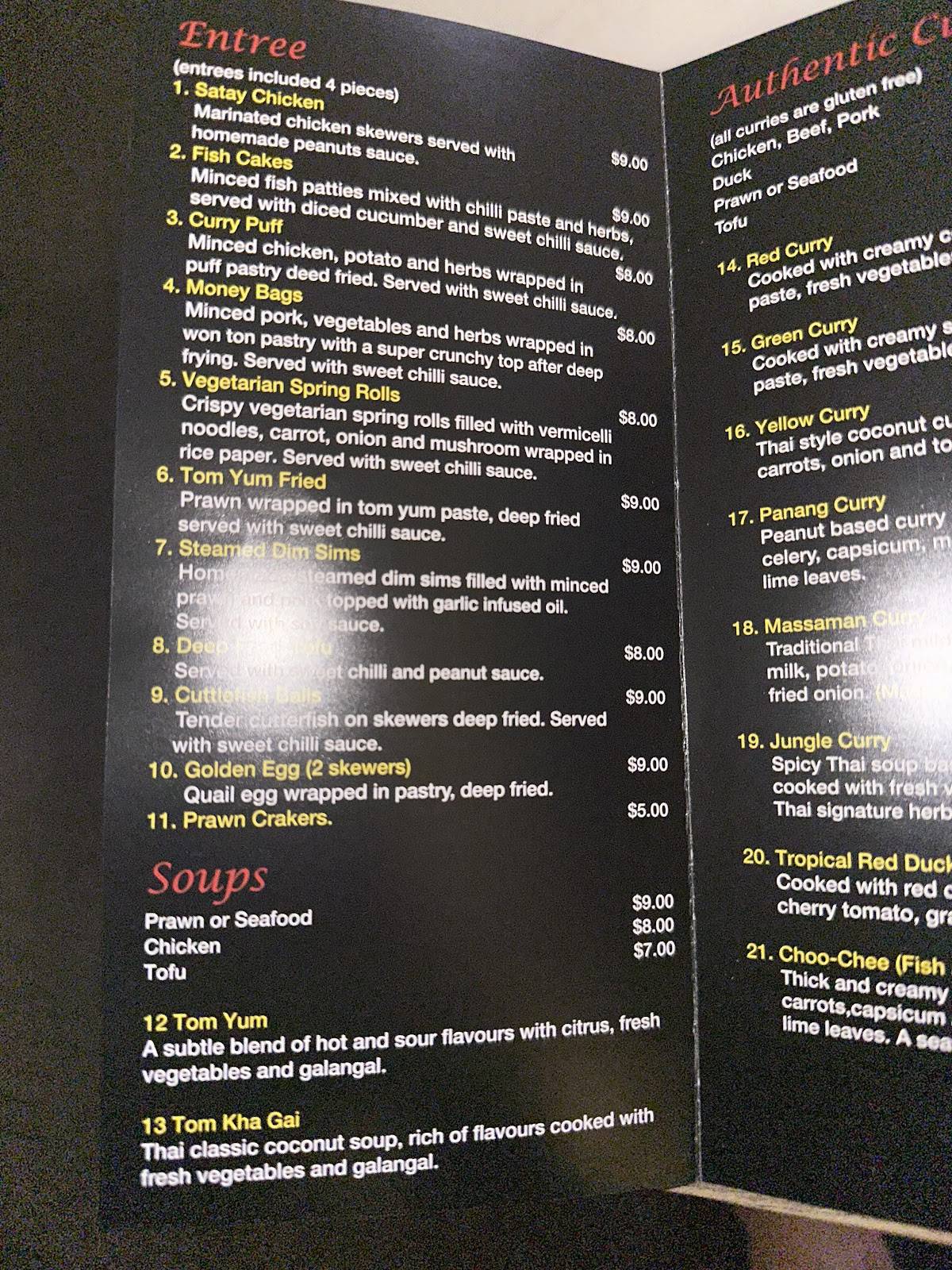 Menu at JD Thai restaurant, Redcliffe