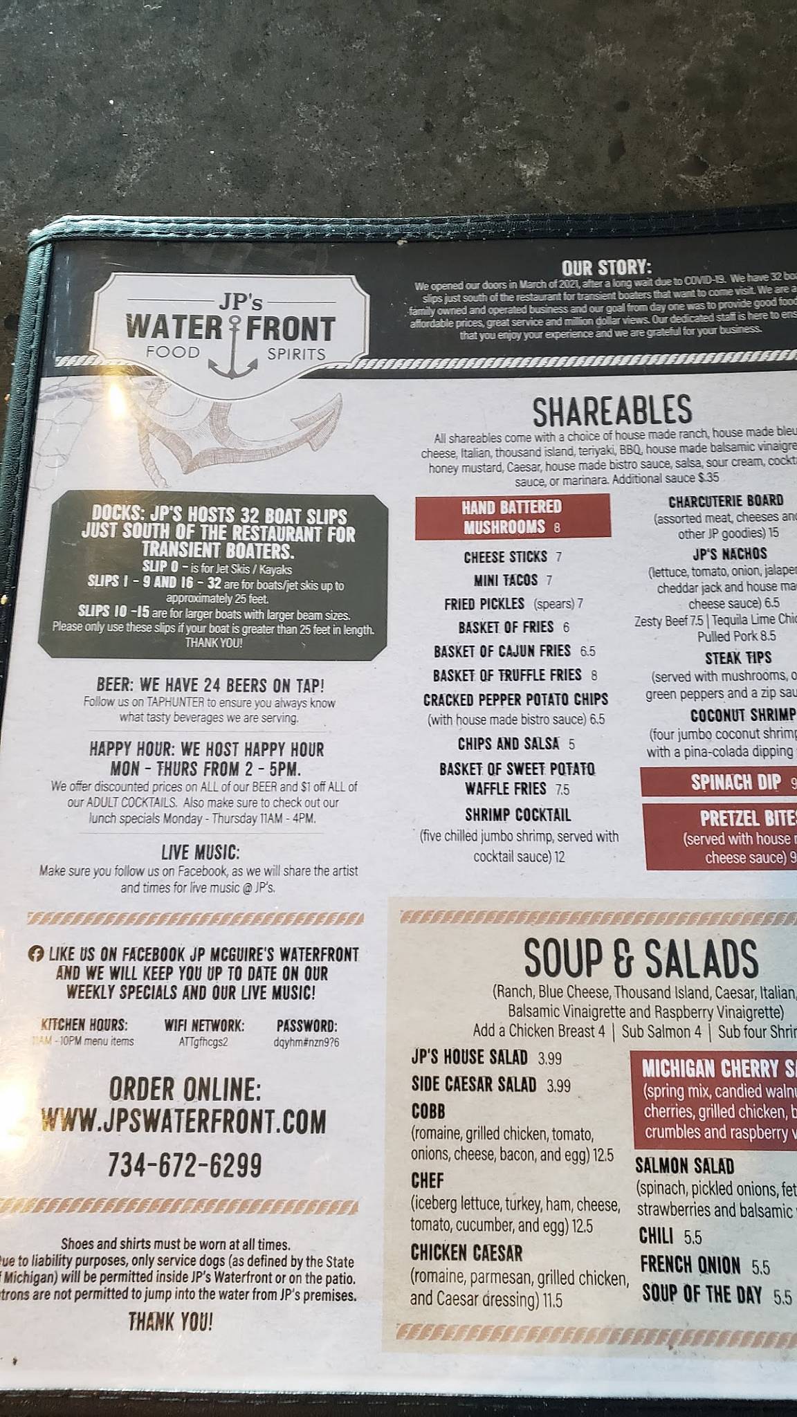 Menu at JP's Waterfront pub & bar, Gibraltar