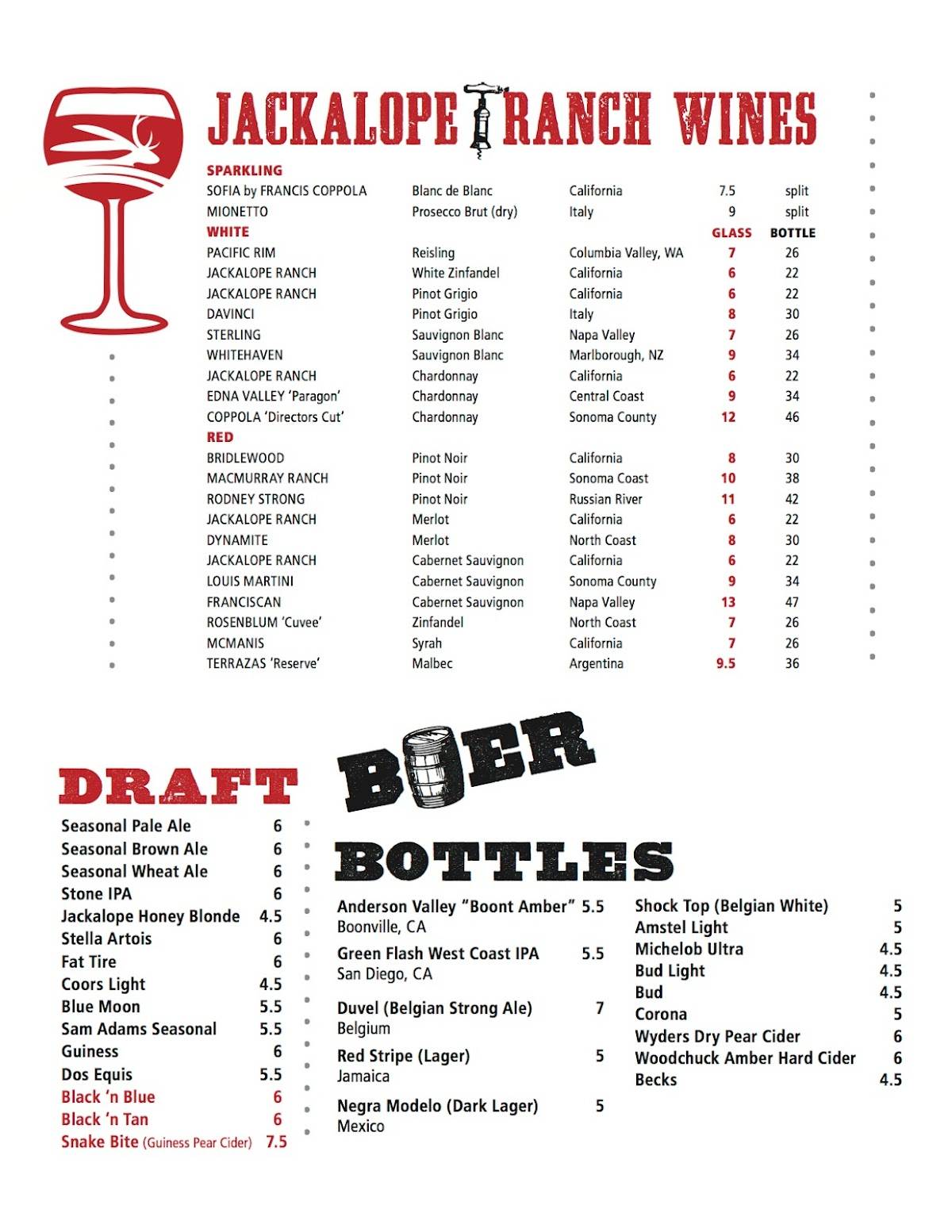Menu at Jackalope Ranch pub & bar, Indio, CA-111