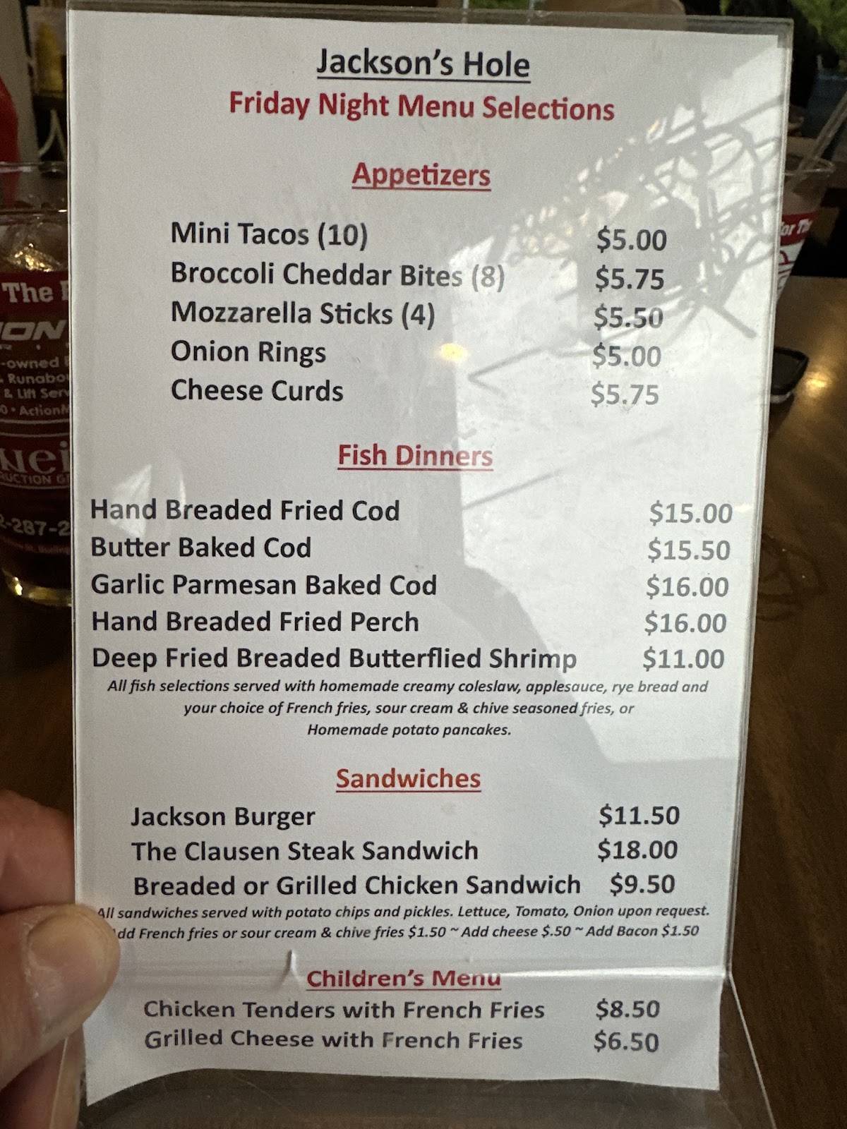 Menu at Jackson's Hole Bar & Grill, Lake Geneva