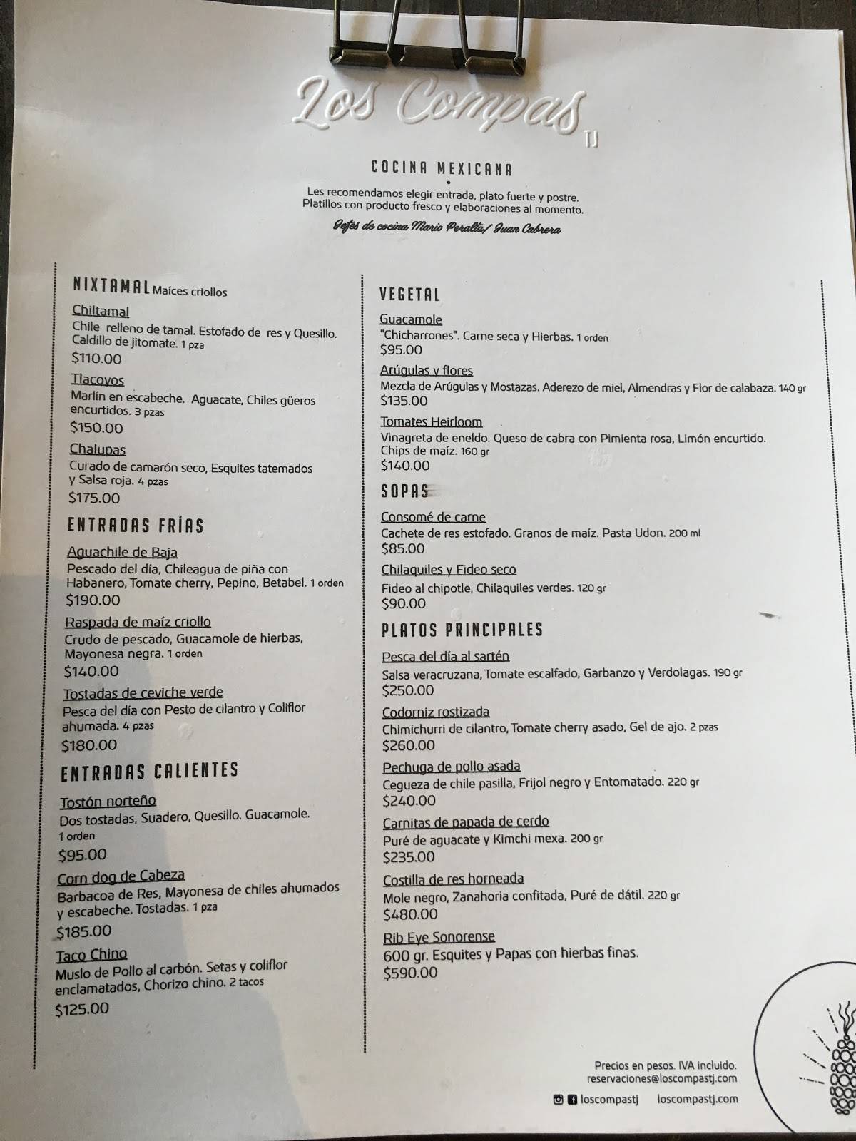 Carta del restaurante JACO, Tijuana
