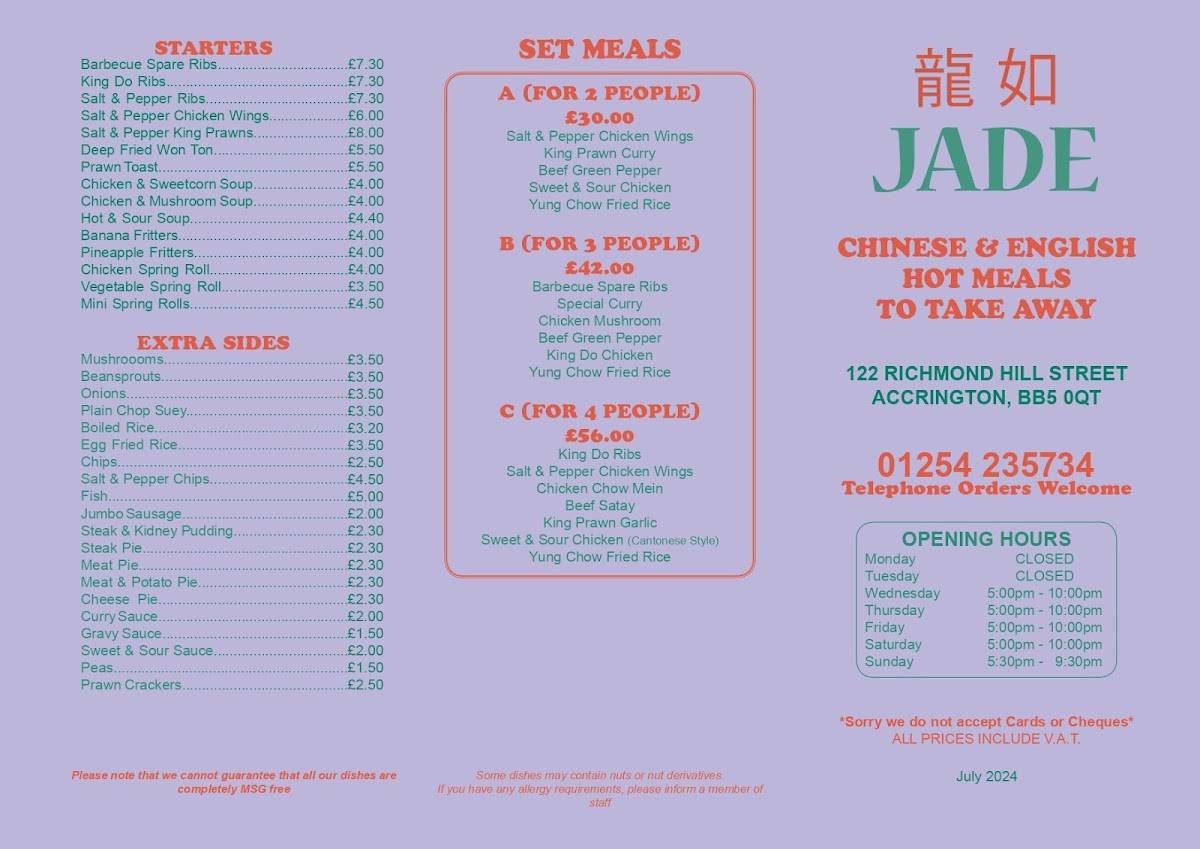 Menu at Jade Fish and Chips & Chinese Takeaway fast food, Accrington